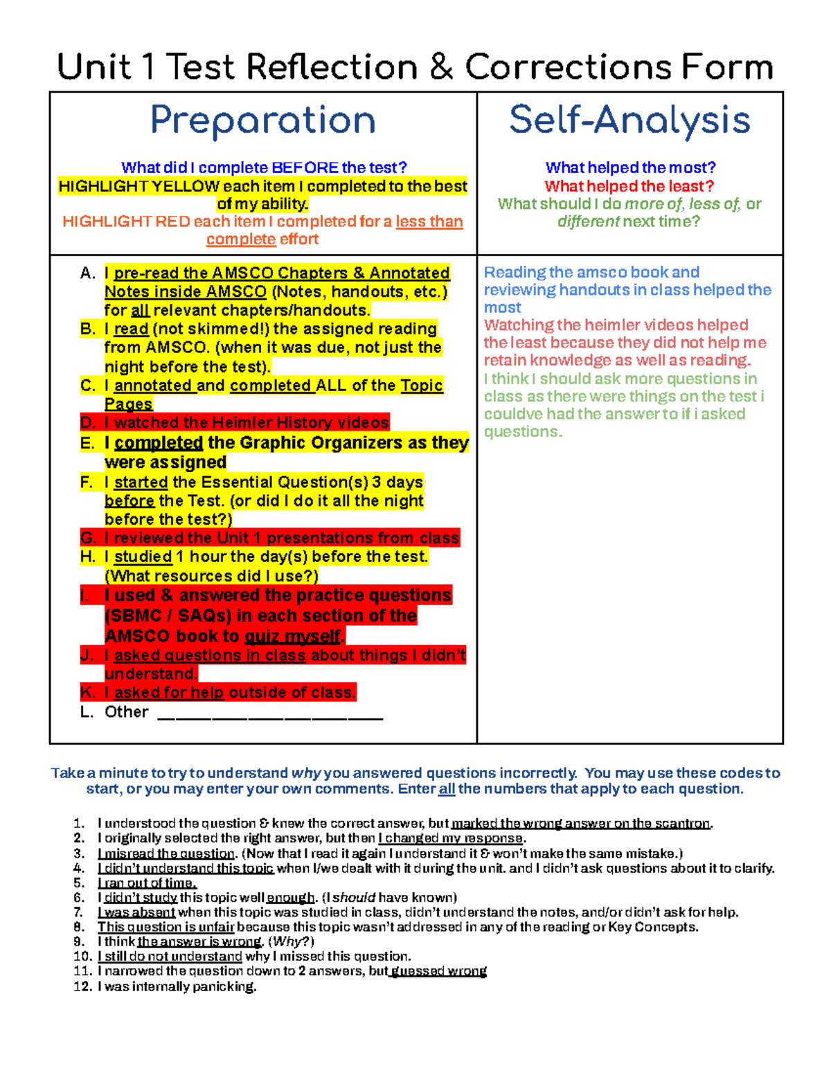 Copy of Unit 2 Test Reflection & Corrections Form - Google Docs - Unit ...