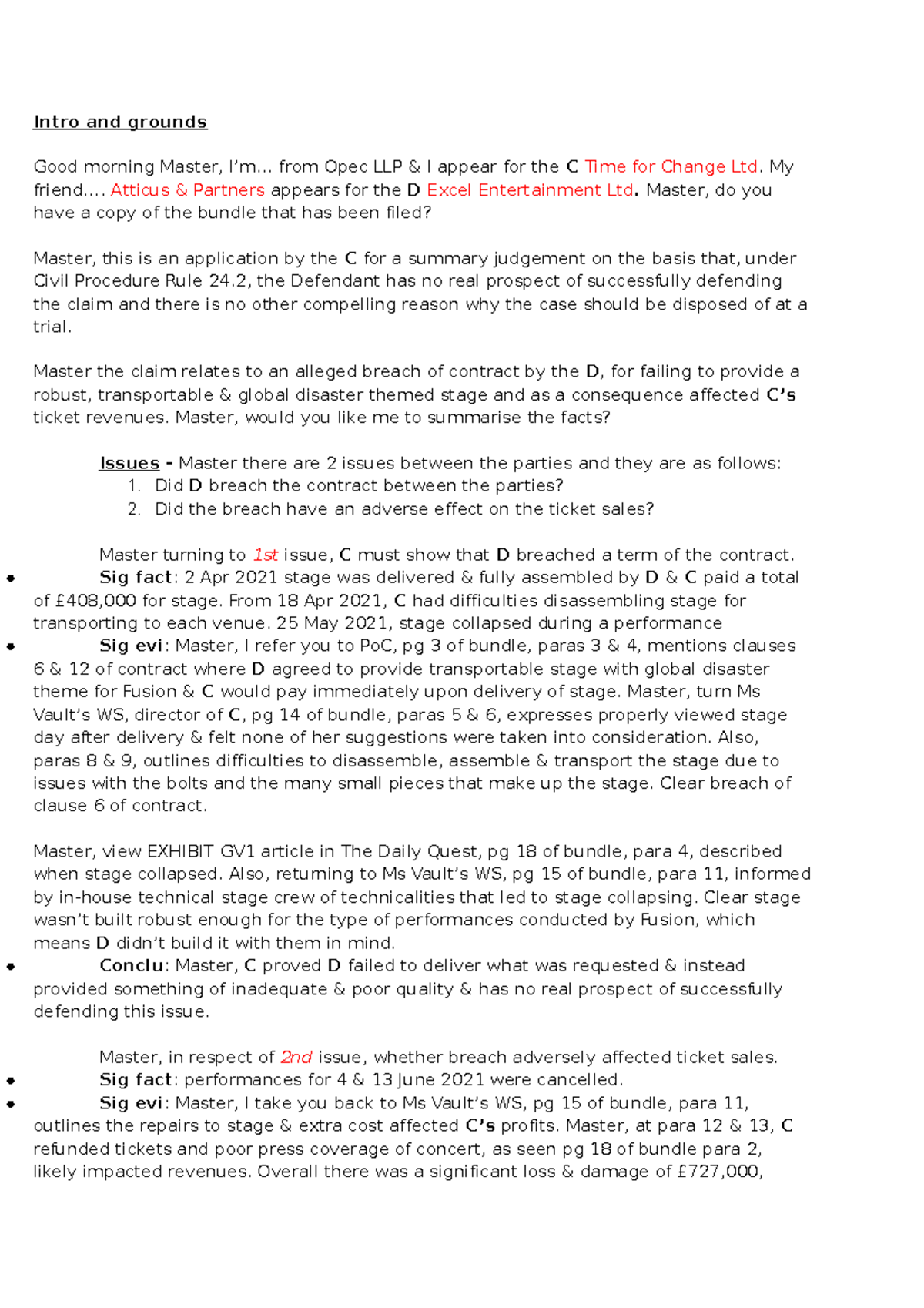 Actual Advocacy Script - Intro and grounds Good morning Master, I’m ...