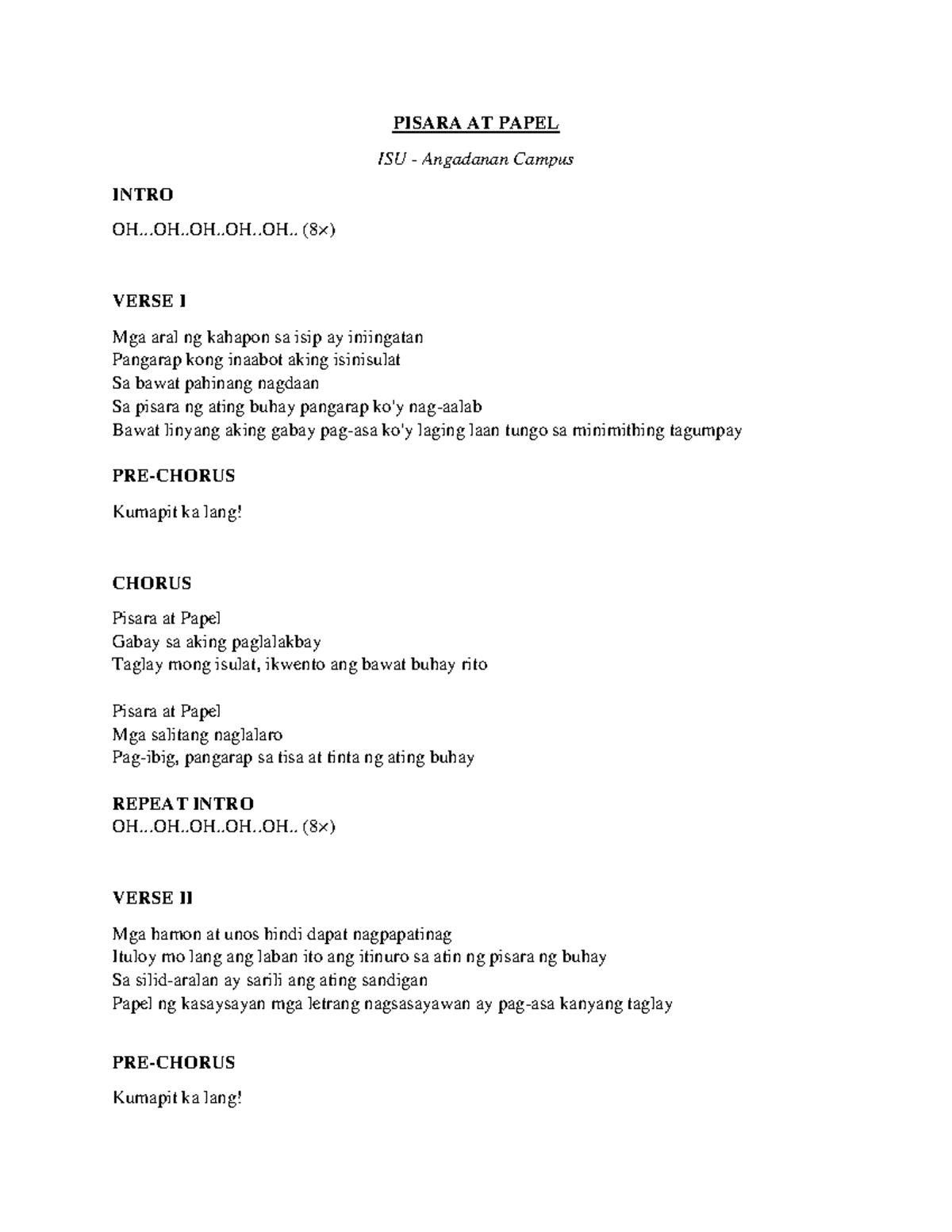 Pisara AT Papel (Lyrics) - PISARA AT PAPEL ISU - Angadanan Campus INTRO ...