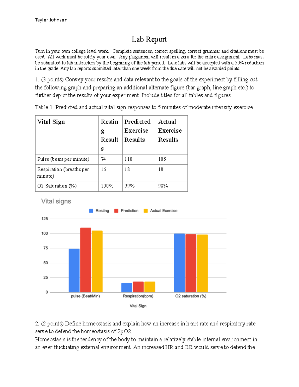 Lab 1 Vital Signs, Exercise and Homeostasis Lab Week 3 - Taylor Johnson ...