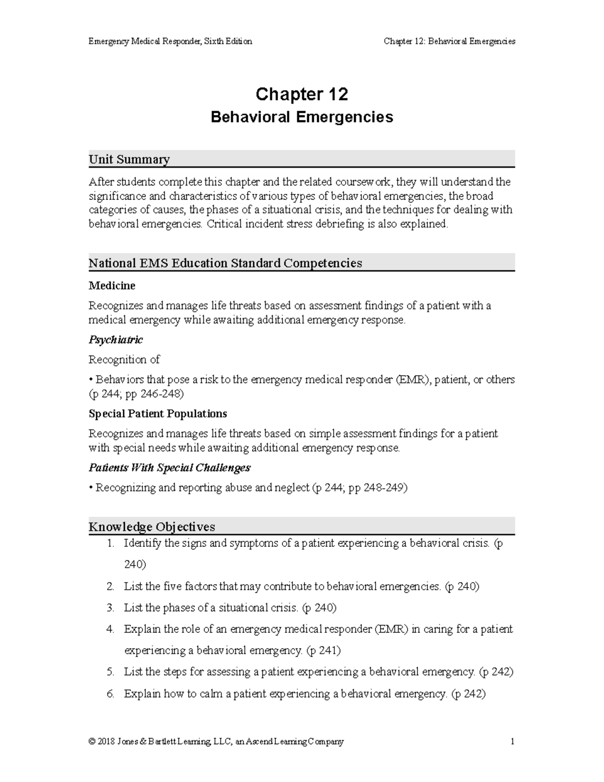 Ch 12 Behavioral Emergencies notes - Chapter 12 Behavioral Emergencies ...