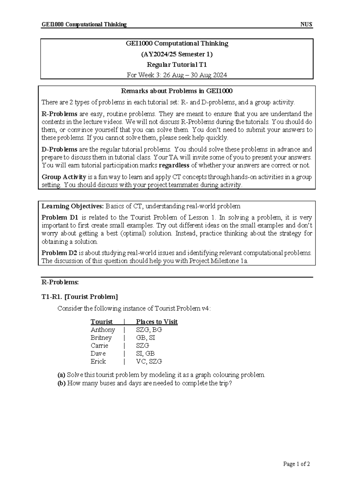 T1 - Tutorial T1 - GEI1000 Computational Thinking NUS Page 1 of 2 GEI1000 Computational Thinking ...