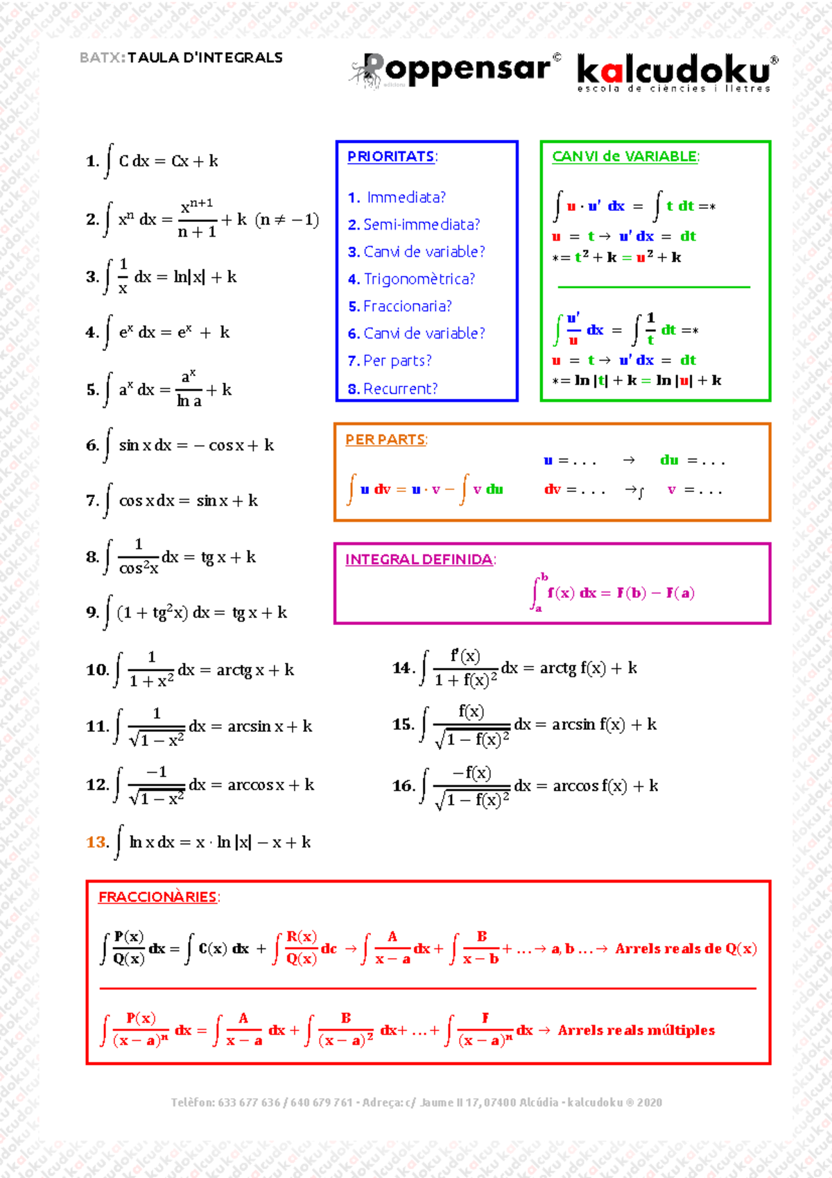 Taula - calcul - BATX: TAULA D'INTEGRALS Telèfon: 633 677 636 / 640 679 ...
