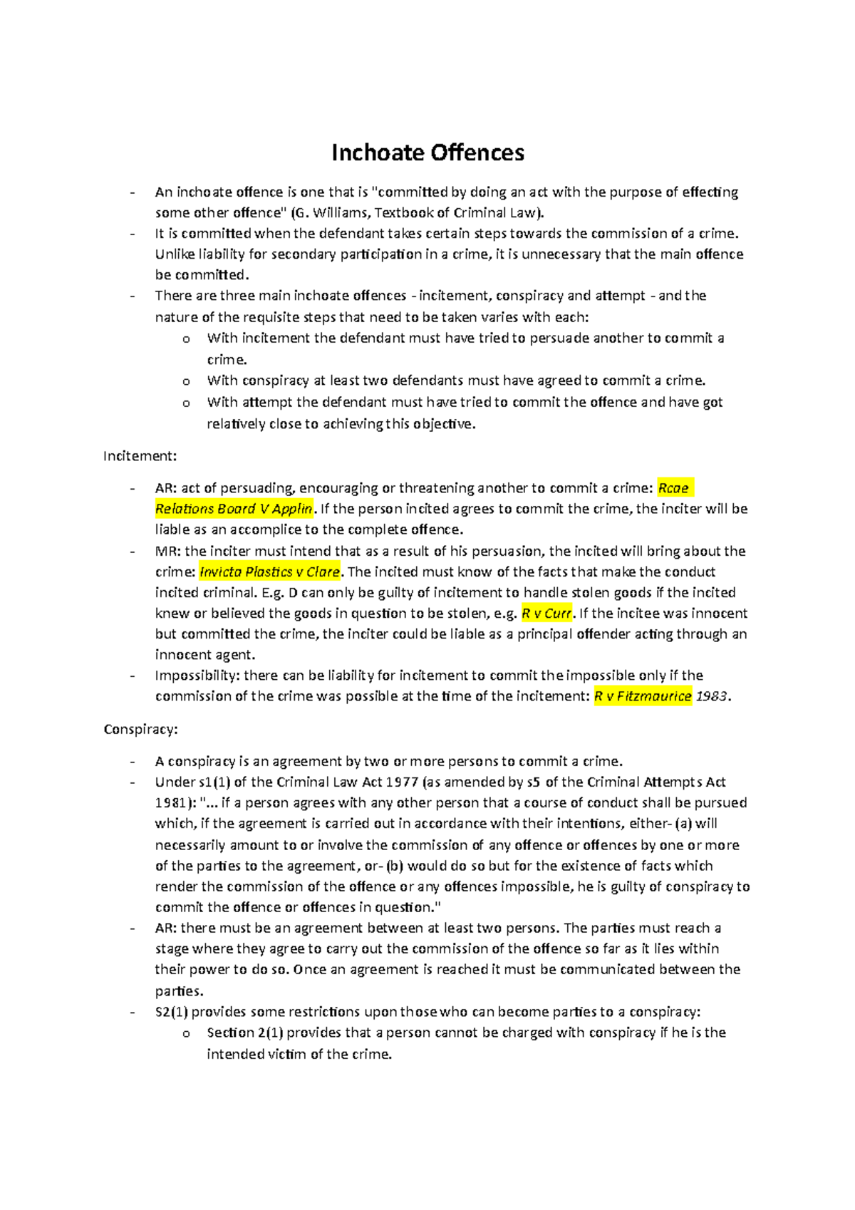 Inchoate Offences Lecture Notes - Inchoate Offences - Studocu