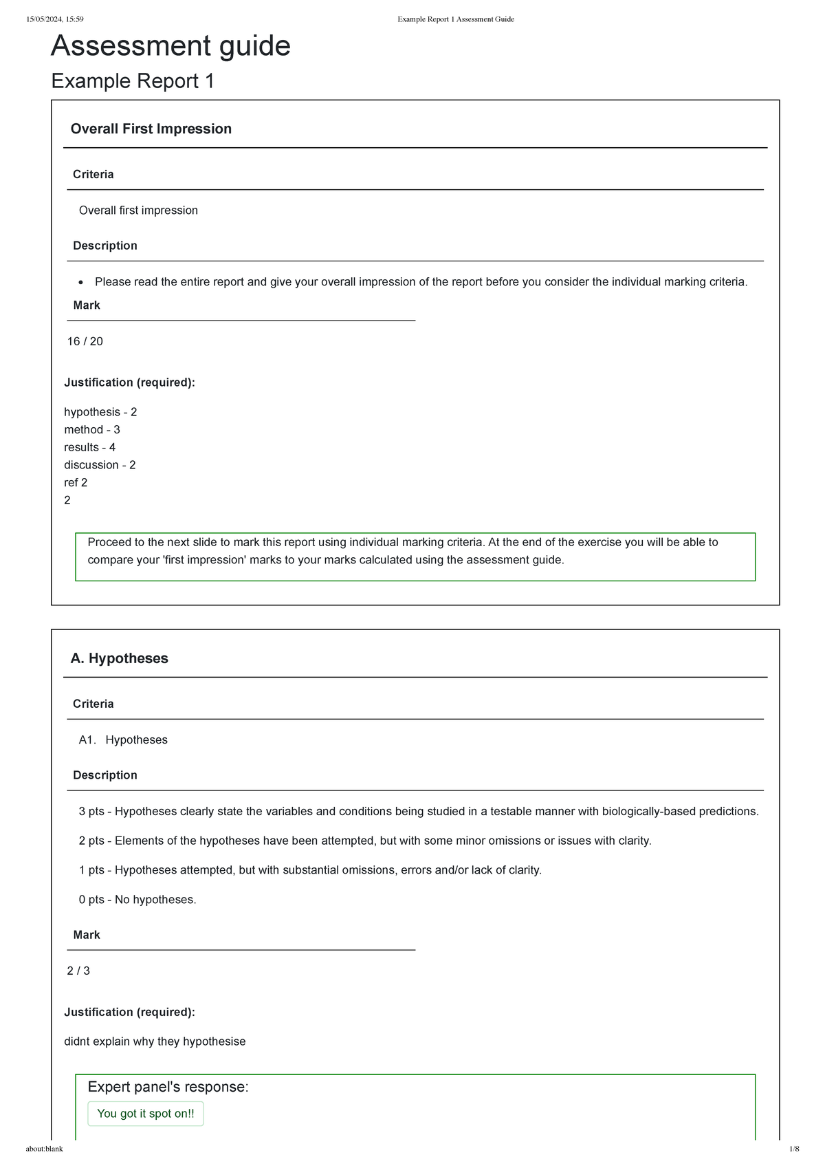 Example Report 1 Assessment Guide - Assessment guide Example Report 1 ...