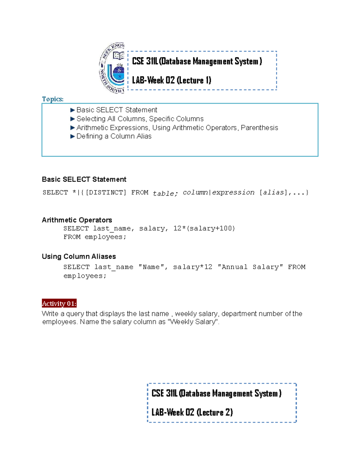 311L W2 - lab - CSE 311L(Database Management System) LAB-Week 02 (Lecture 1) Topics: Basic ...