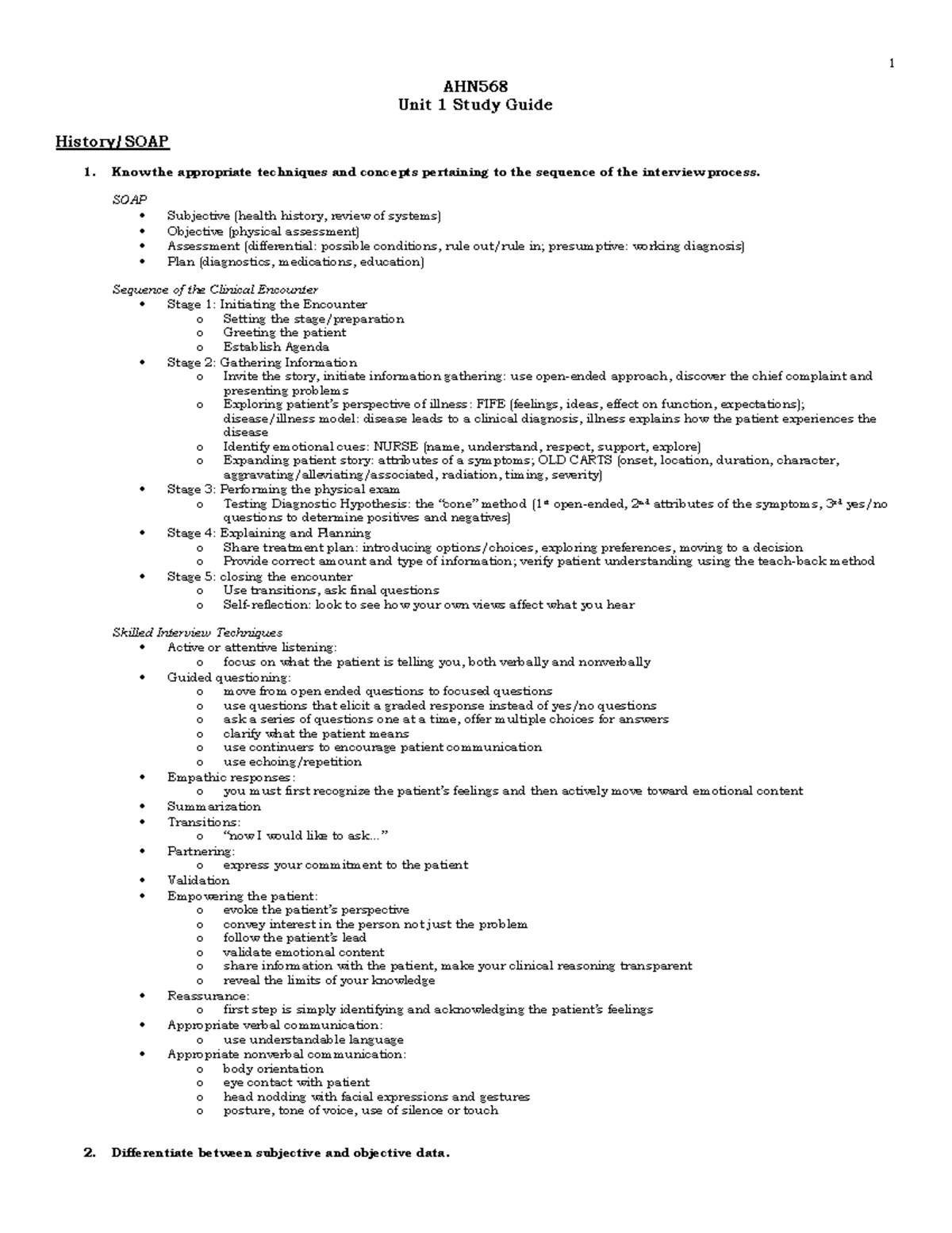 AHN568 Unit 1 Study Guide PDF.pdf · version 1 - AHN Unit 1 Study Guide History/SOAP 1. Know the ...