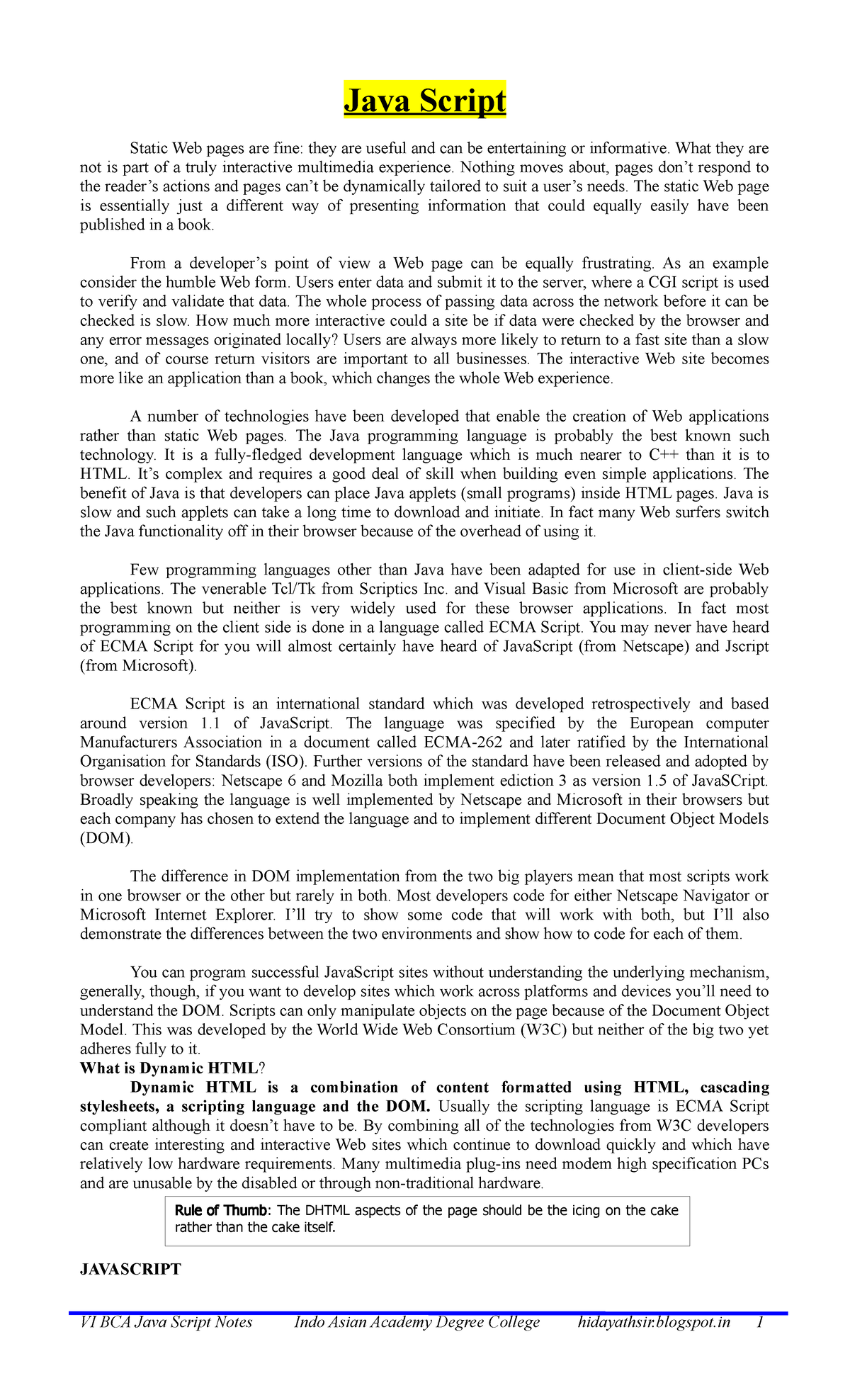 Javascript Notes 2015 - Java Script Static Web pages are fine: they are ...