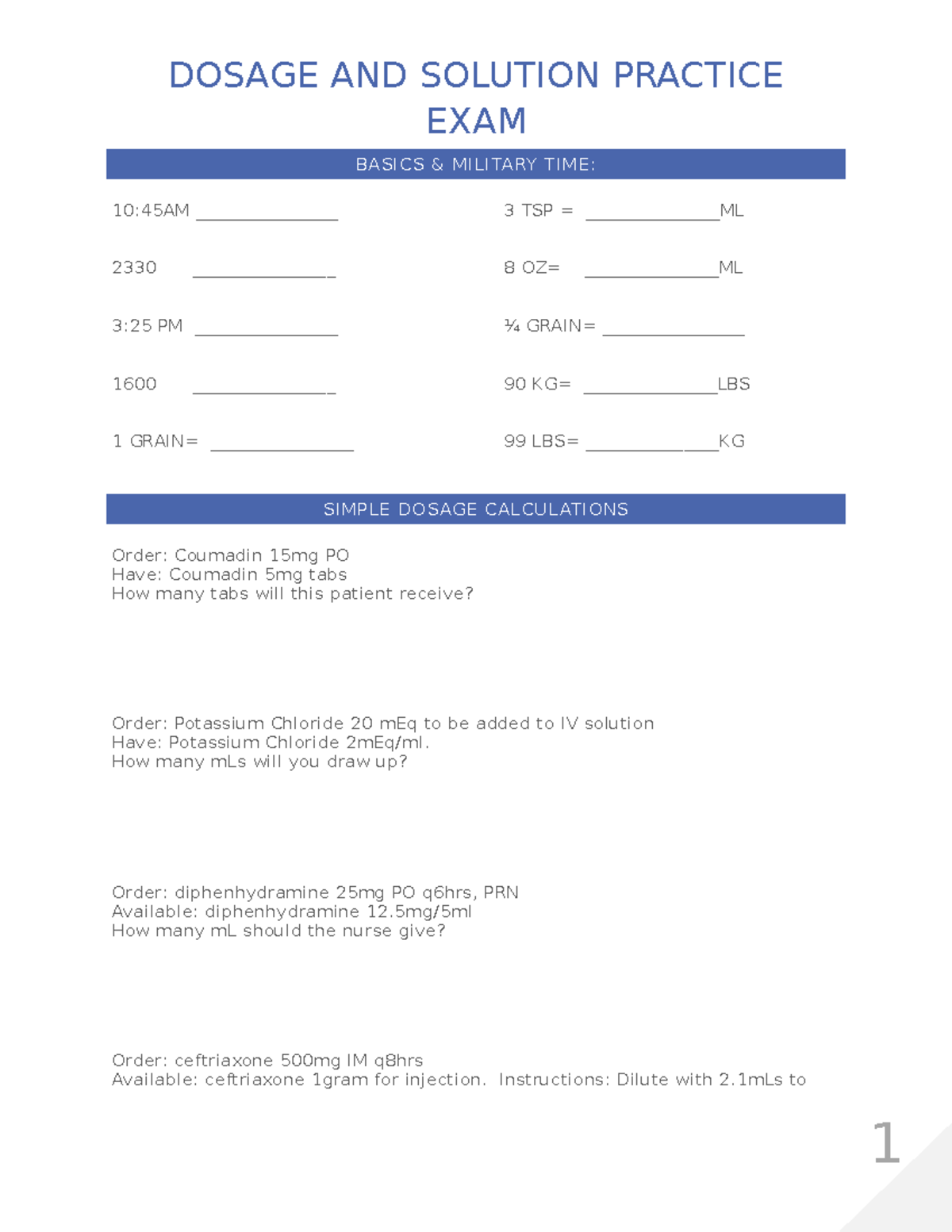 Dosage and Solutions Practice Exam - EXAM BASICS & MILITARY TIME: 10 ...