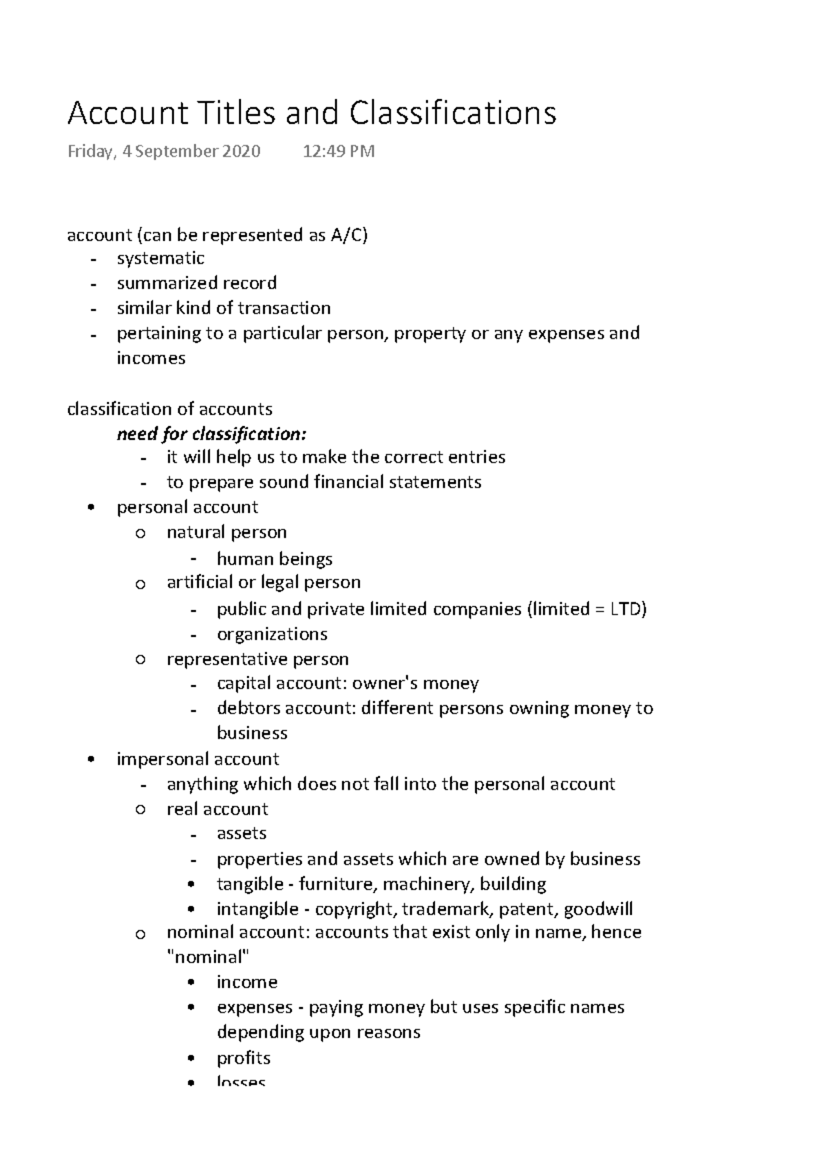 Account Titles and Classifications - account (can be represented as A/C ...
