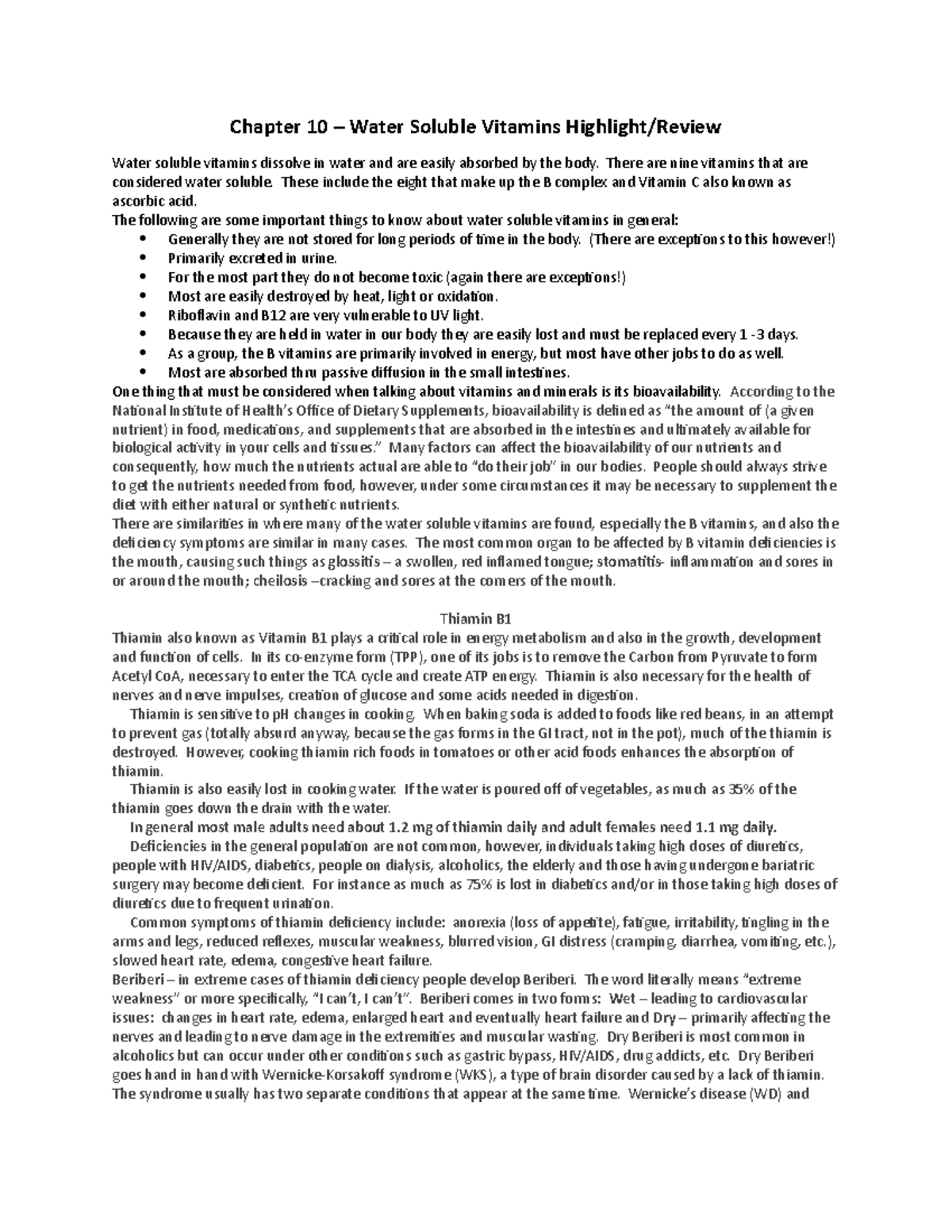 Chapter 10 highlights and review - Chapter 10 – Water Soluble Vitamins ...