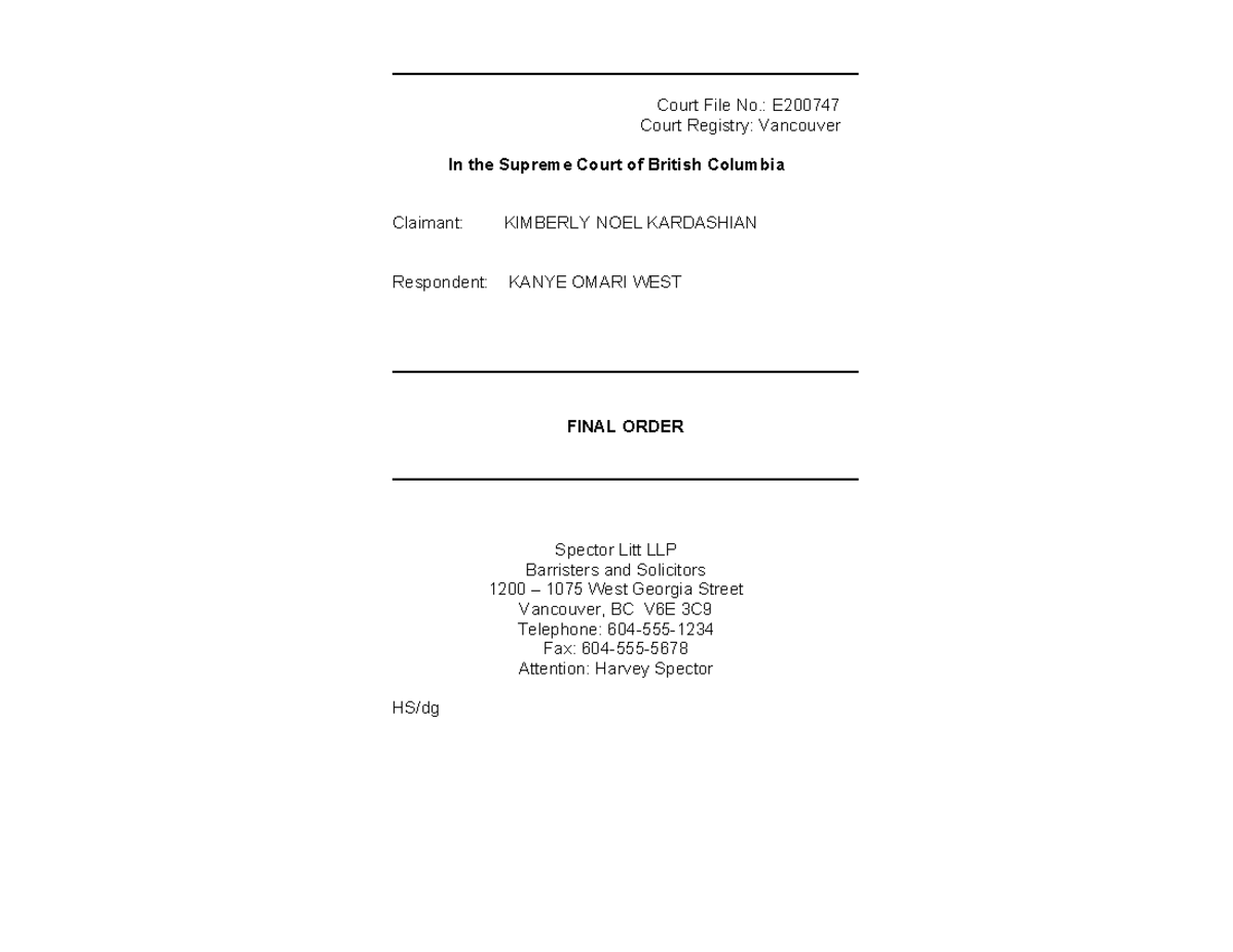 Form F00 - Order Backsheet - CMNS 112 - Court File No.: E Court ...