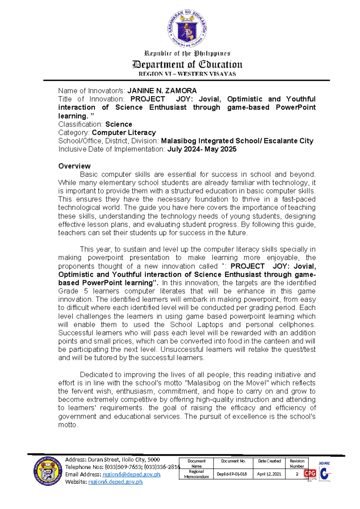 Updated Innovation Paper Science - Address: Duran Street, Iloilo City ...