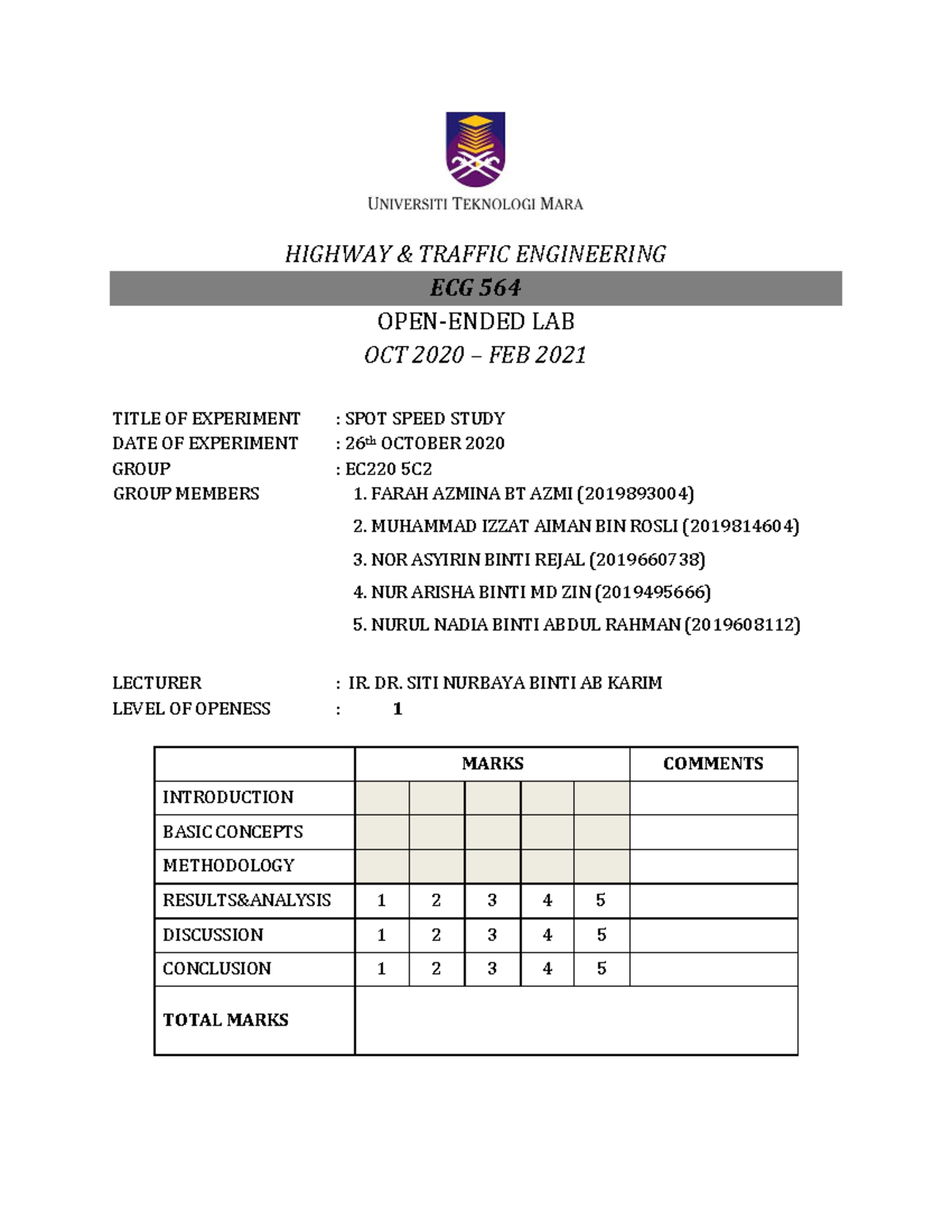 LAB 2-SPOT Speed Study Group 2 - HIGHWAY & TRAFFIC ENGINEERING ECG 564 ...