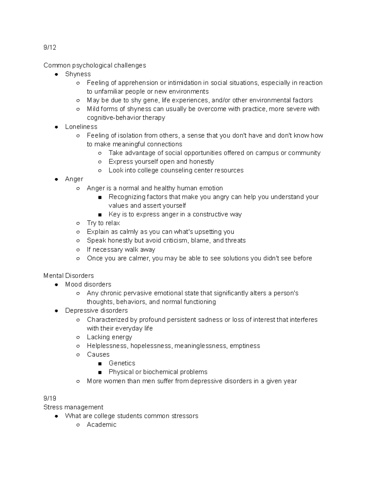 HEA 100 midterm - 9/ Common psychological challenges Shyness Feeling of ...