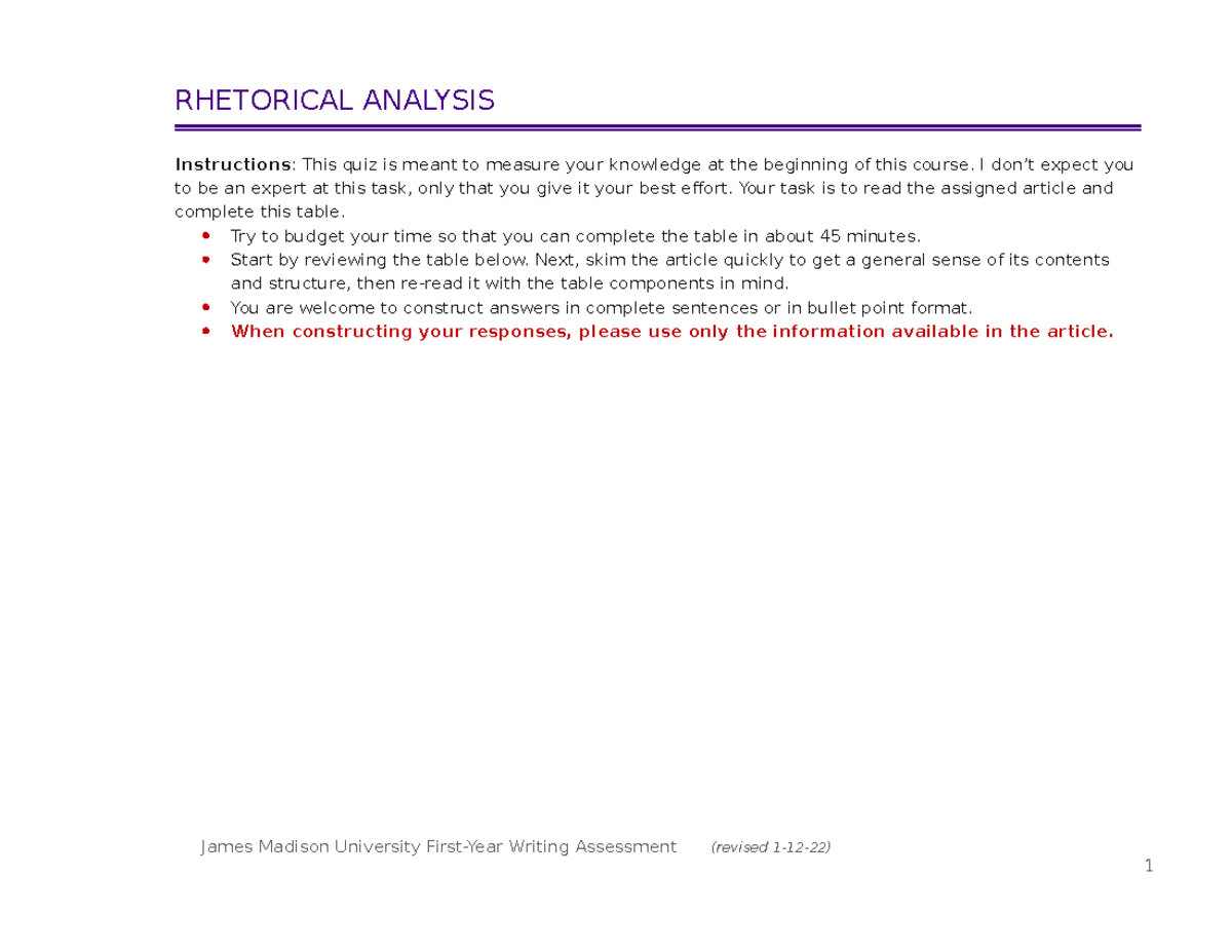 Rhetorical analysis table 2022 - RHETORICAL ANALYSIS Instructions: This ...