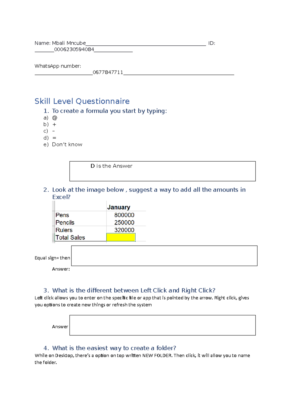 Skill Level Questionnaire EUC - Name: Mbali Mncube