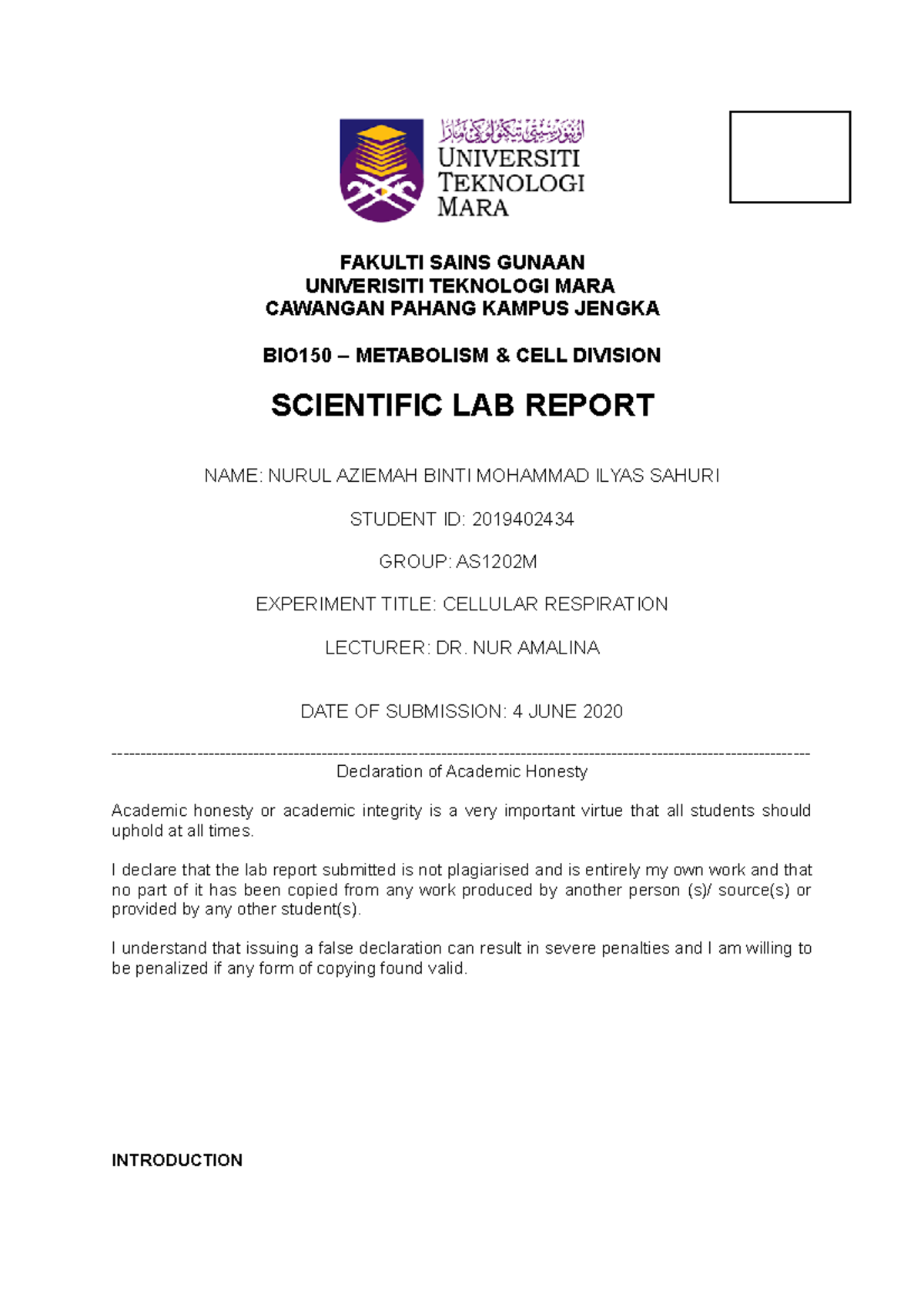 Cellular Respiration - lab report - FAKULTI SAINS GUNAAN UNIVERISITI ...