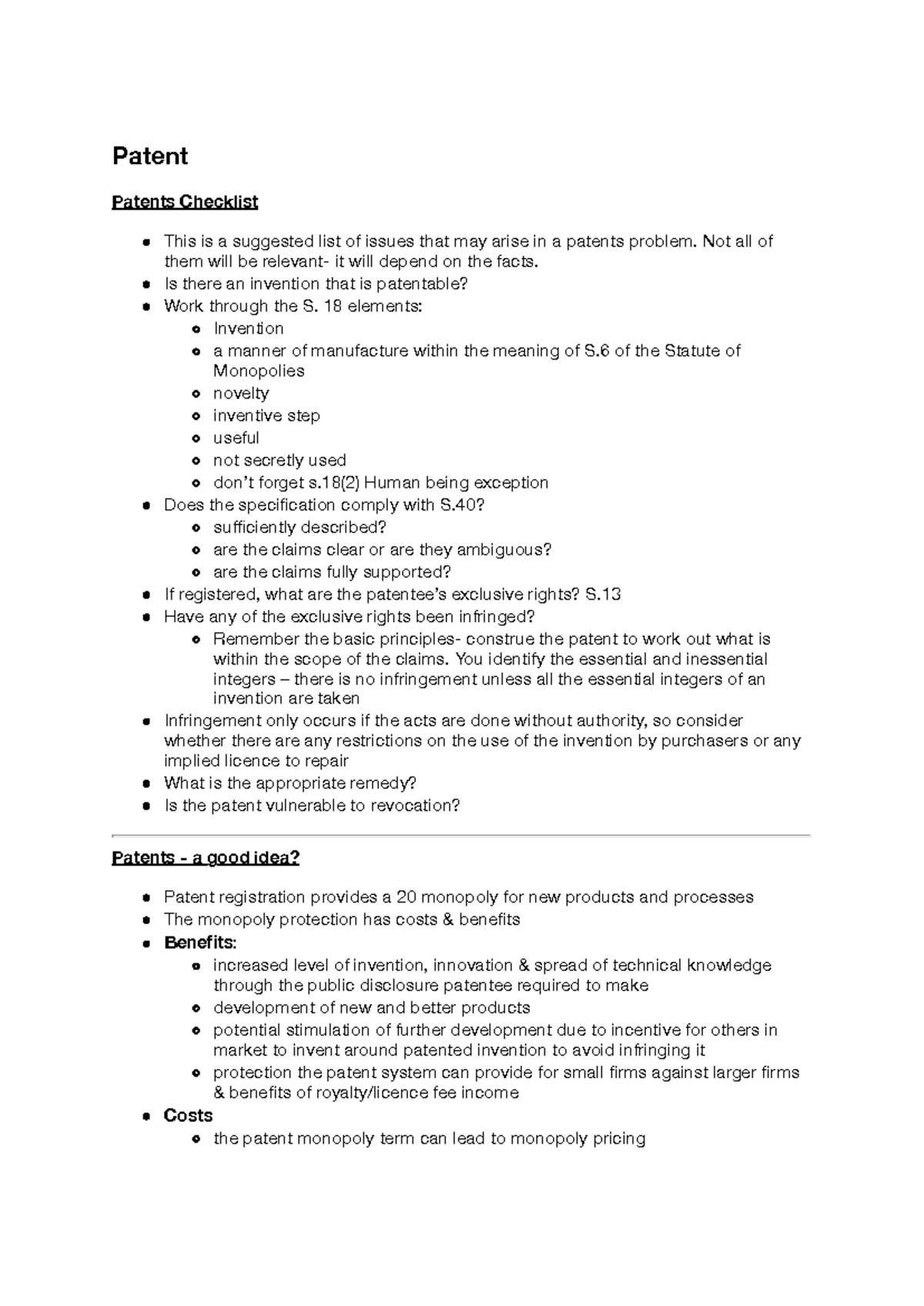 Patents - Patent Patents Checklist This is a suggested list of issues ...