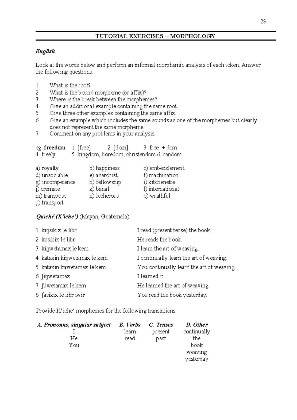 Tutorial Exercises - Week 2 - 28 TUTORIAL EXERCISES MORPHOLOGY English ...