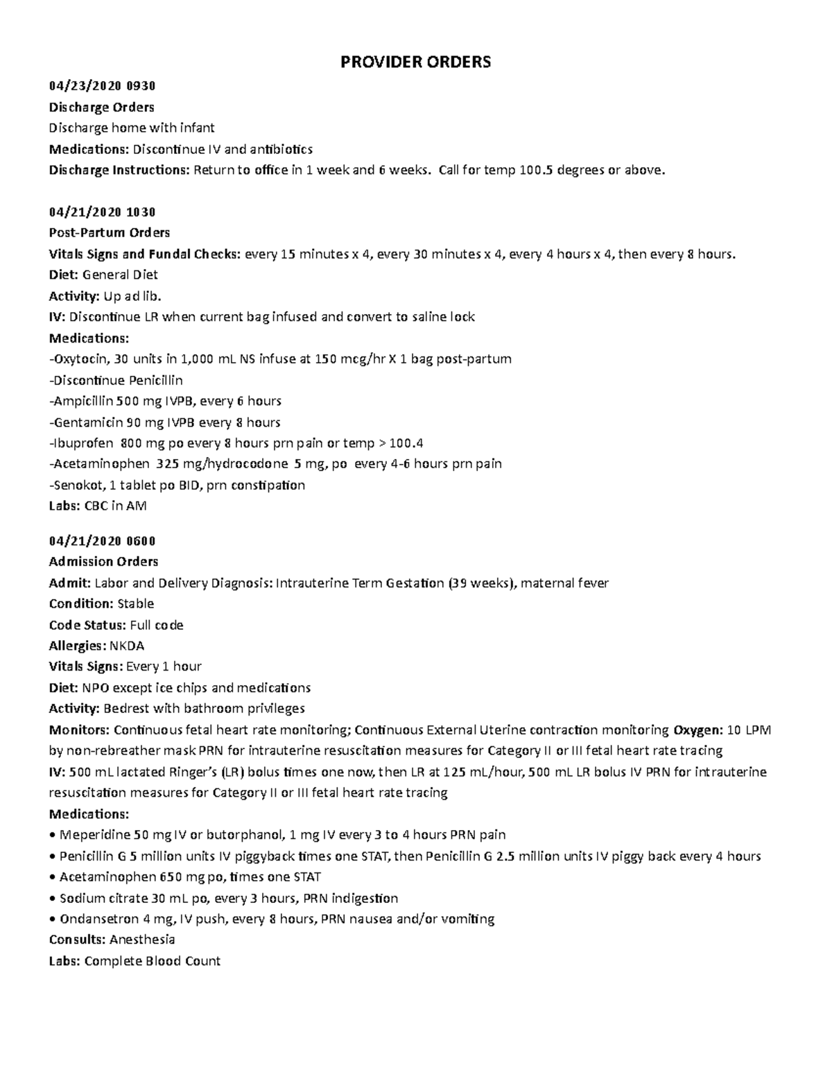 2 Provider Orders Goodman, Ella - PROVIDER ORDERS 04/23/2020 0930 ...