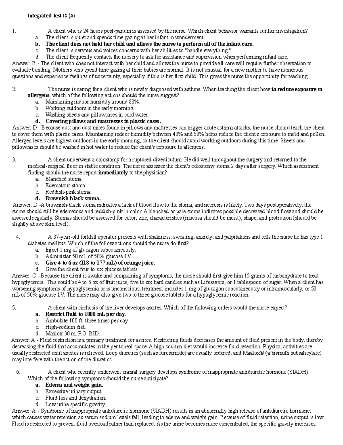 RPN Integrated Practice Test IX (A) - Integrated Test IX (A) A client ...