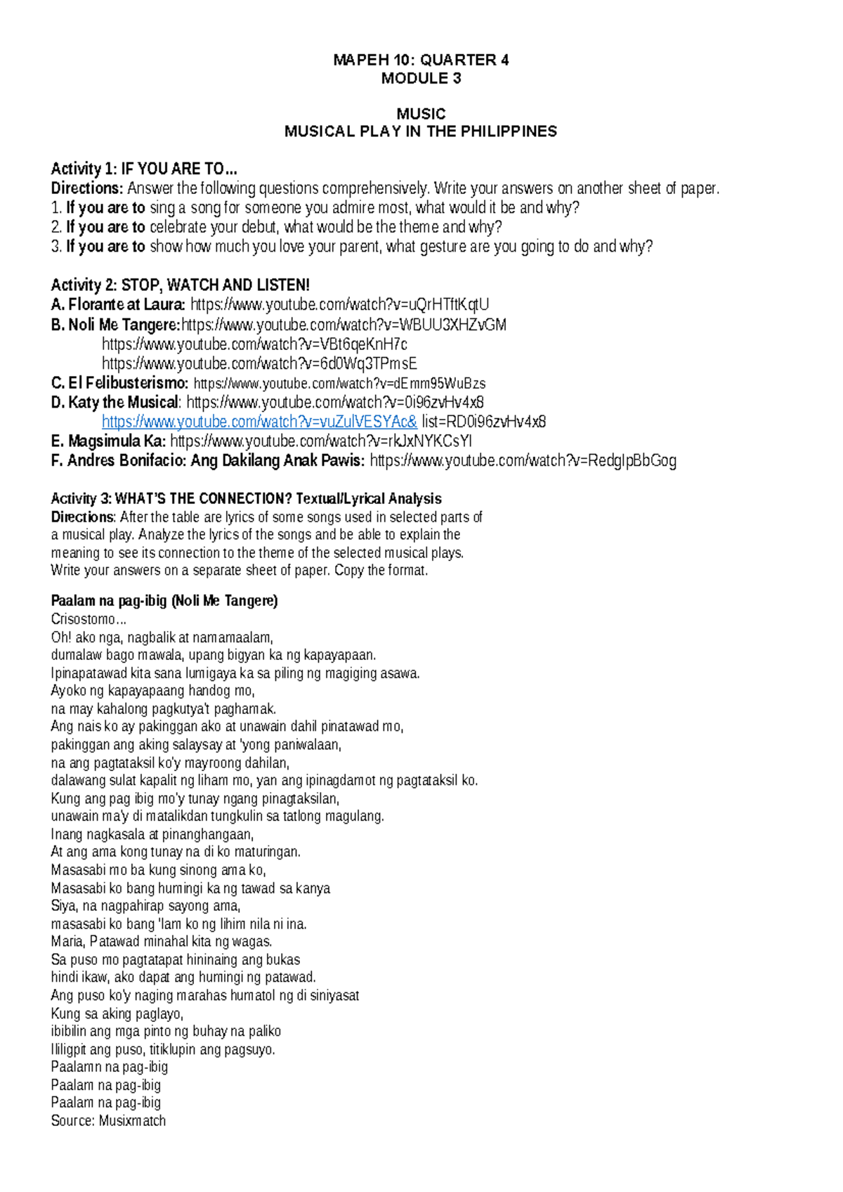 Mapeh 10 Pamphlete 3 Q4 - MAPEH 10: QUARTER 4 MODULE 3 MUSIC MUSICAL ...