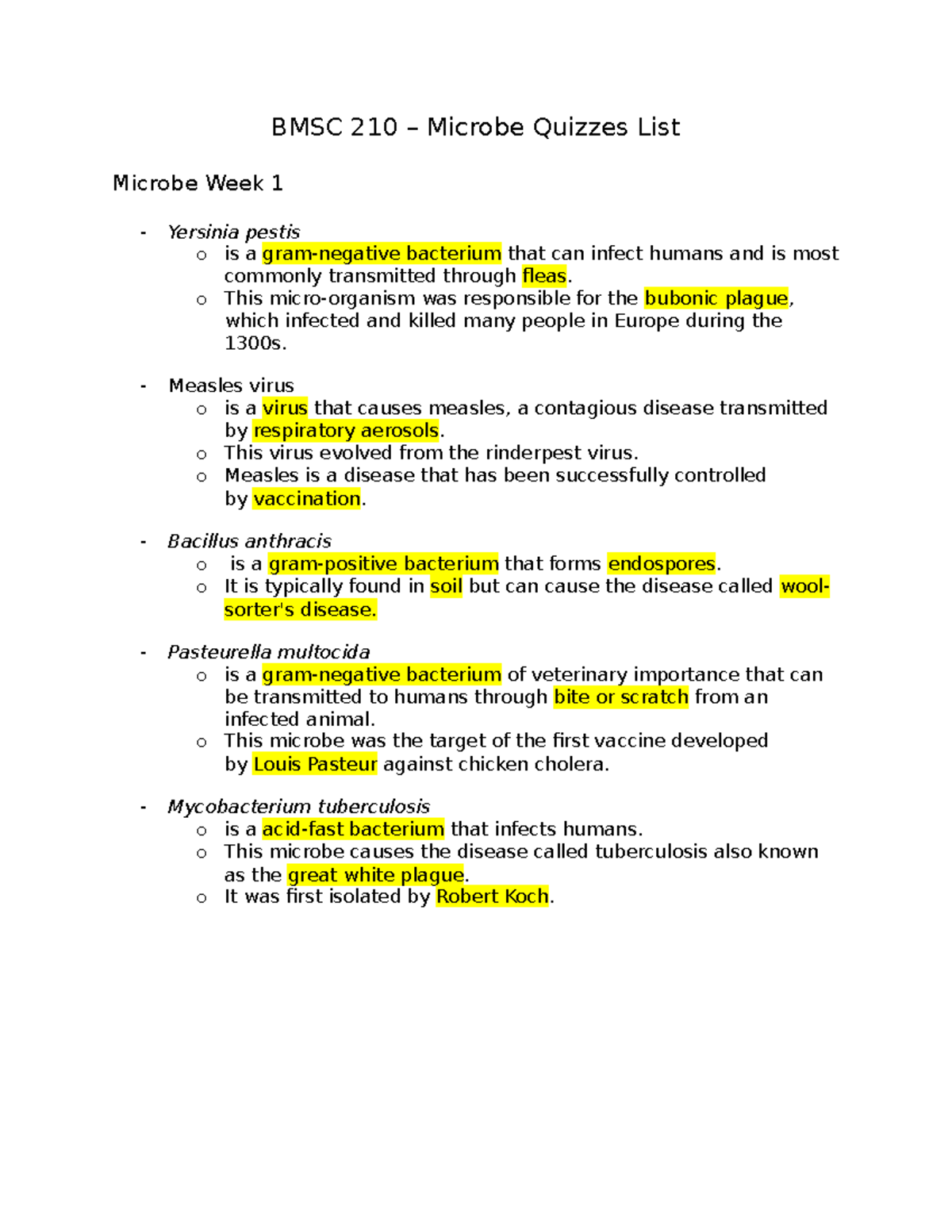 Microbes Quizzes List - notes - BMSC 210 – Microbe Quizzes List Microbe ...