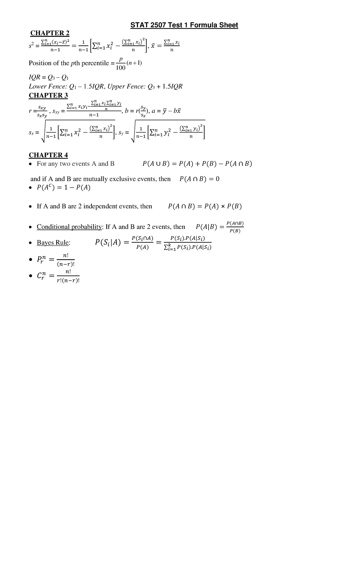 STAT 2507 Test 1 Formula Sheet - STAT 2507 Test 1 Formula Sheet CHAPTER ...