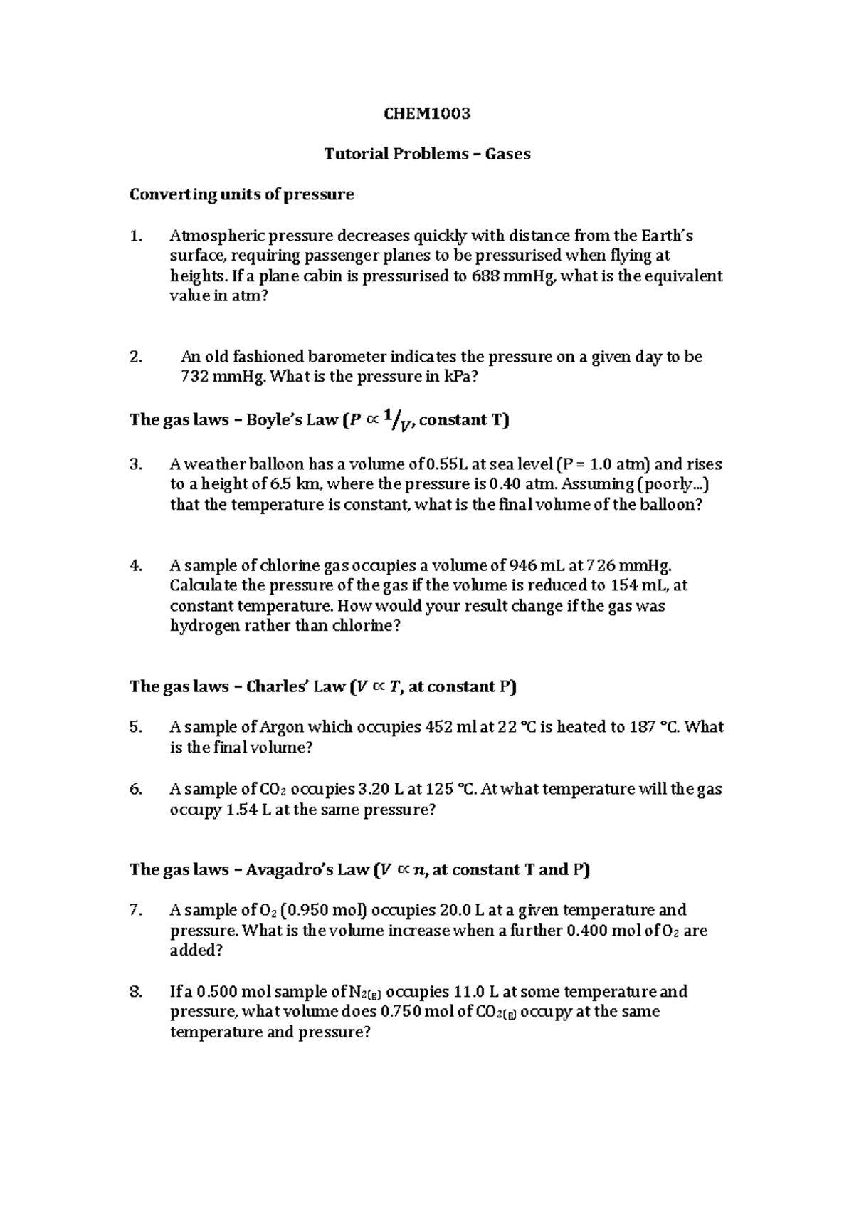 CHEM1003-Gases Tutorial Questions - CHEM1003 Tutorial Problems – Gases ...
