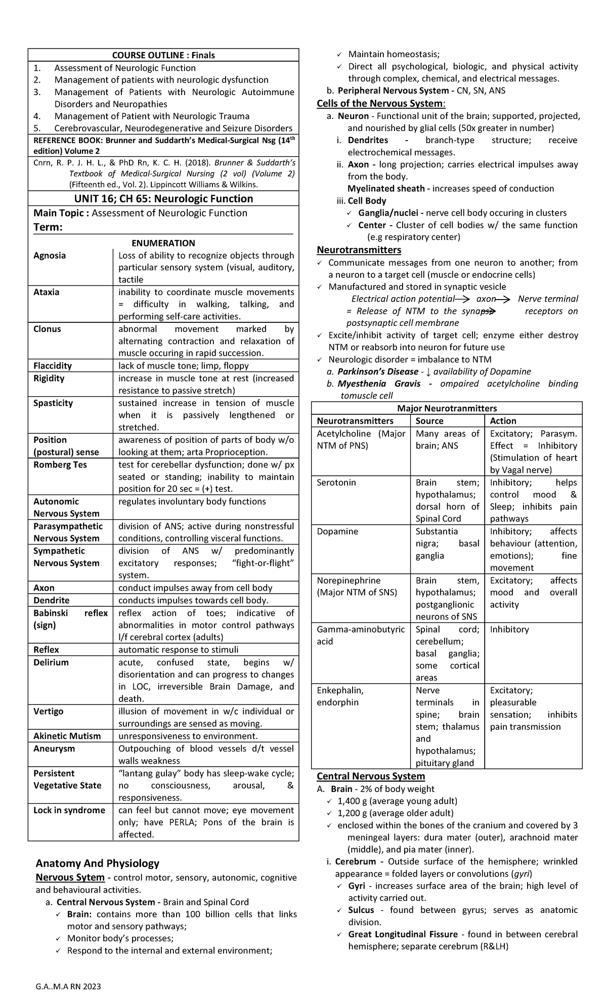 Assessment of Neurologic Function Notes - Anatomy And Physiology ...