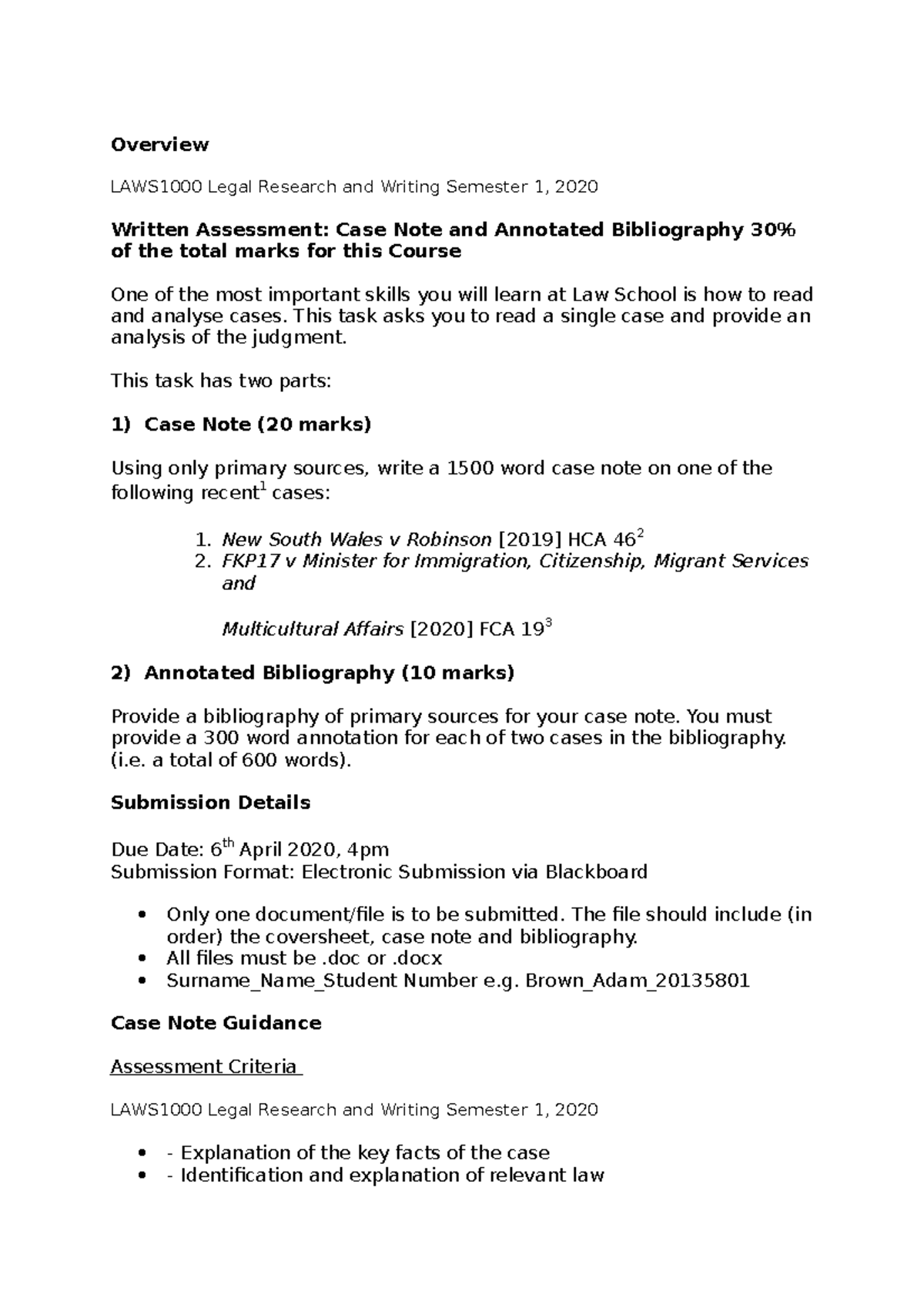 Case note final - case note - Overview LAWS1000 Legal Research and ...