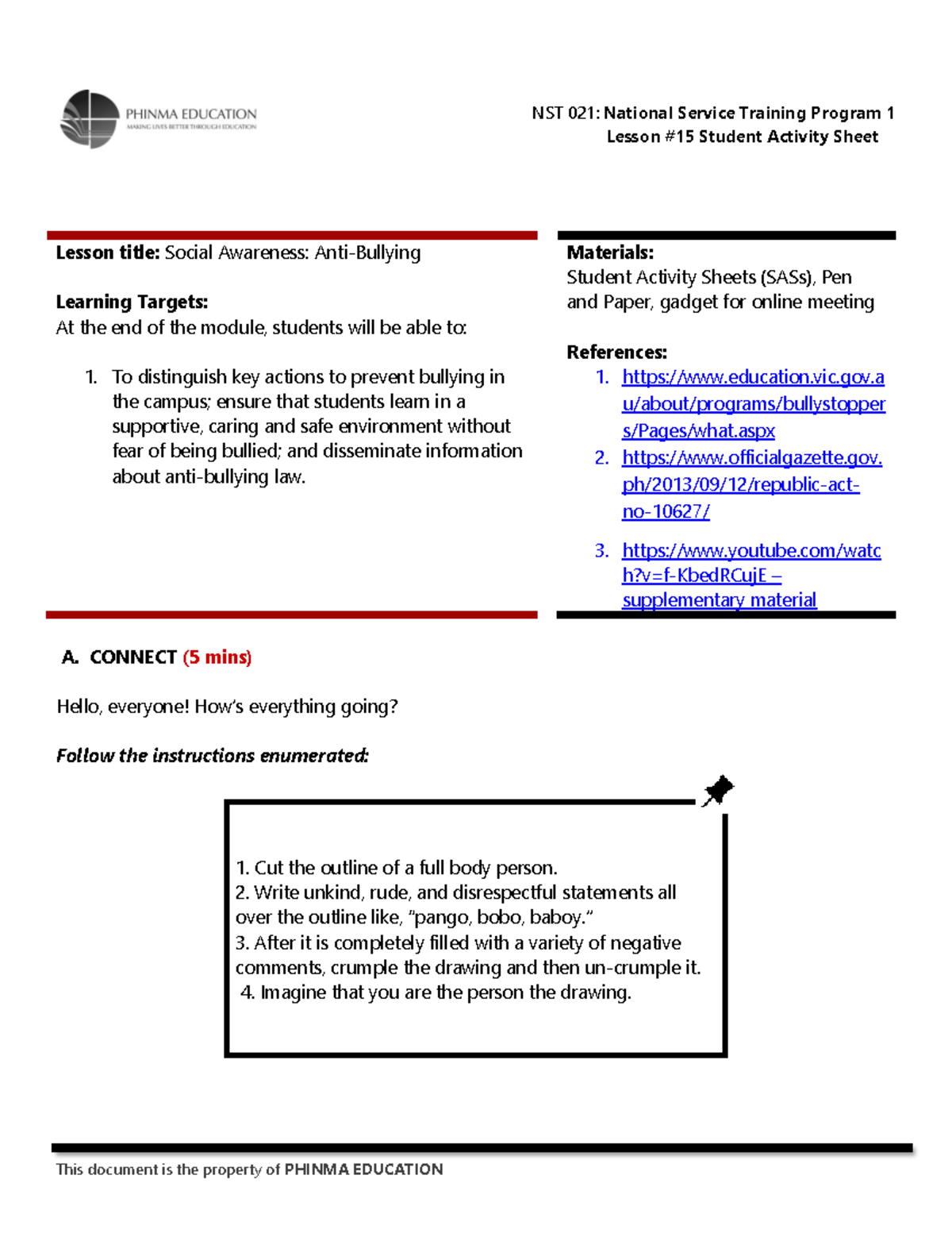SAS#15 NST 021 Anti Bullying SAS - Lesson #1 5 Student Activity Sheet ...