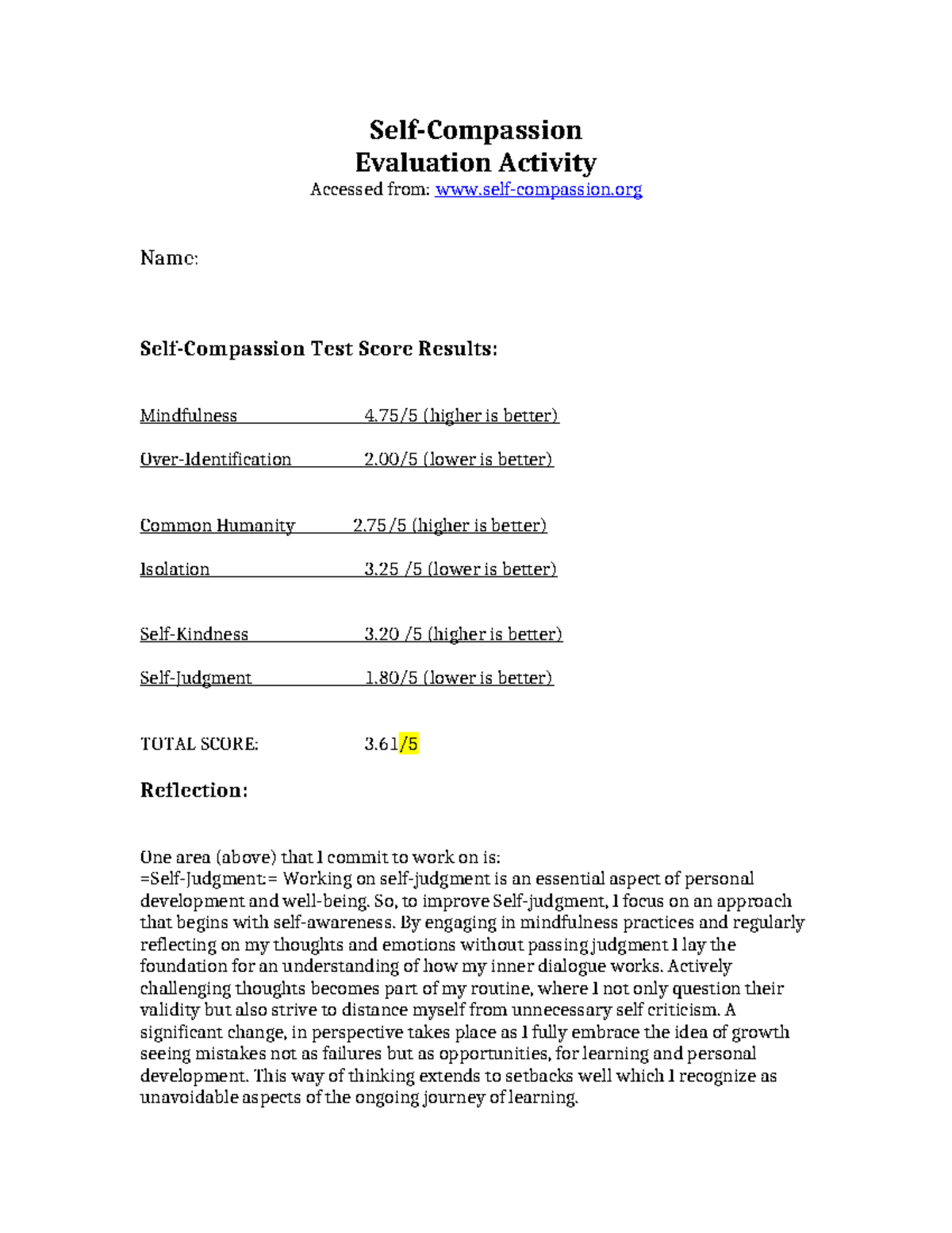 Self-Compassion Evaluation Activity - Self-Compassion Evaluation ...