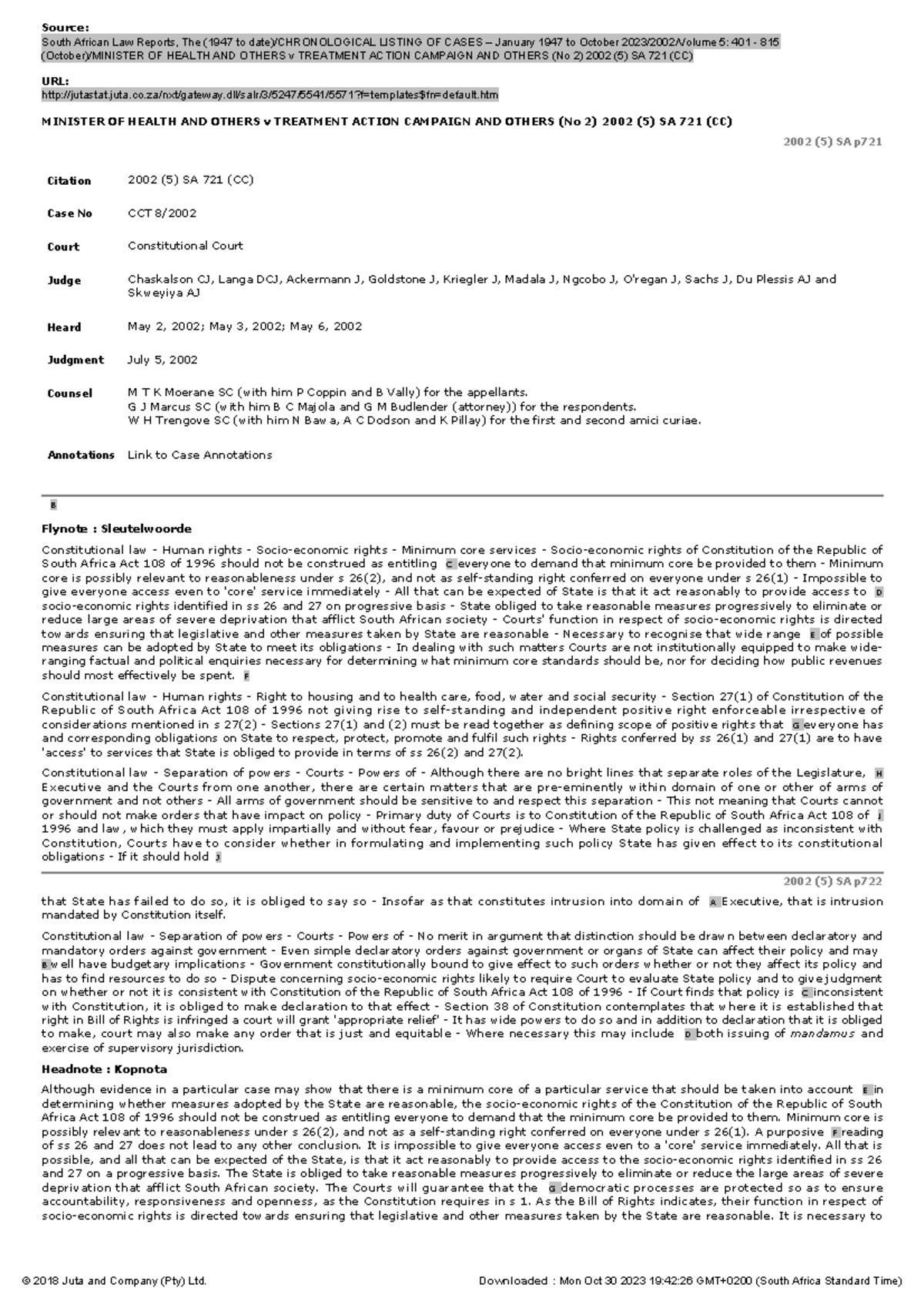 Minister OF Health AND Others v Treatment Action Campaign AND Others ...