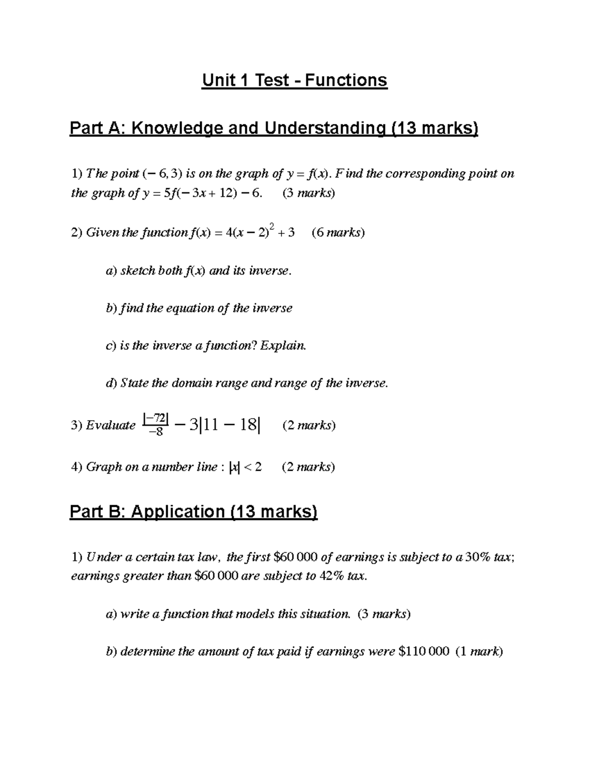 Test 1 Questions - Unit 1 Test Functions Part A: Knowledge and ...