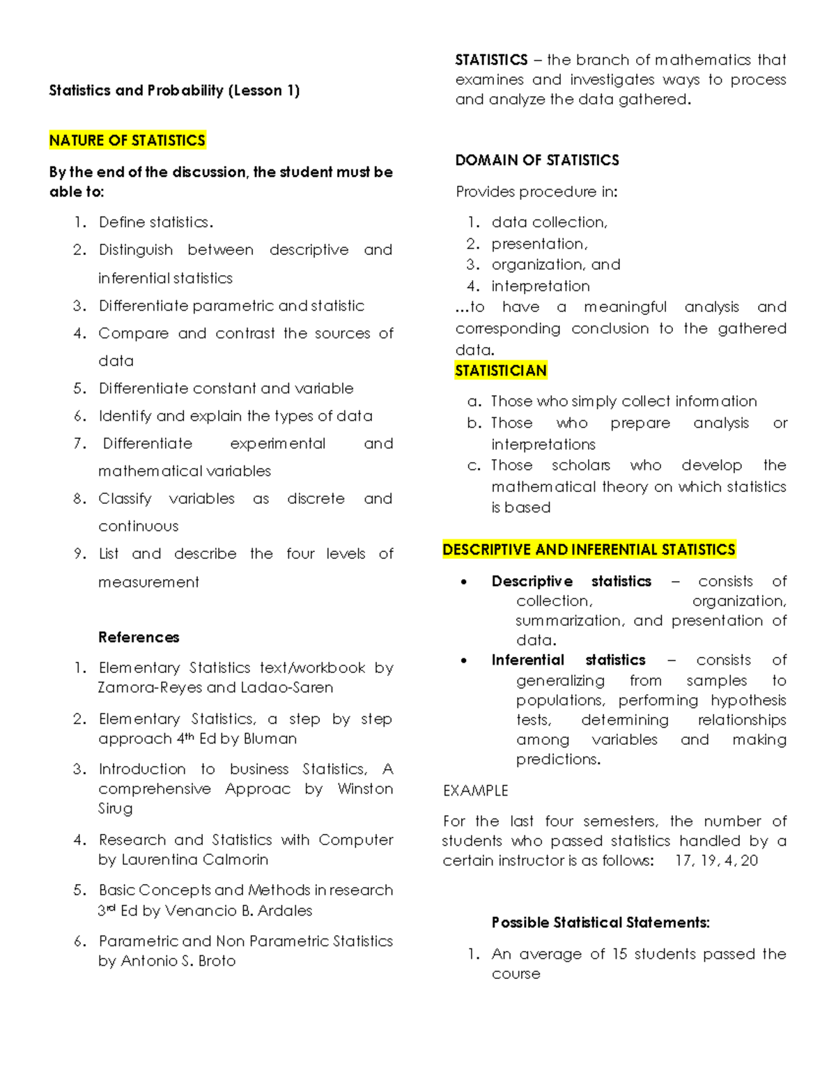 Statistics and Analytical (Lesson 1) - Advanced Statistics - PUP - Studocu