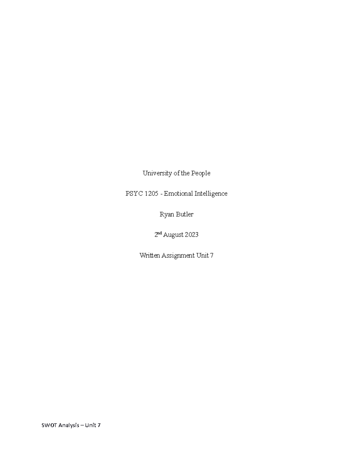 PSYC 1205 - Emotional Intelligence Unit 7 - University of the People PSYC 1205 - Emotional - Studocu