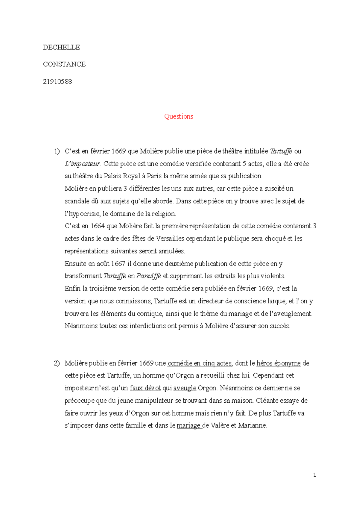 Compo questions Molière n°2 - DECHELLE CONSTANCE 21910588 Questions C ...