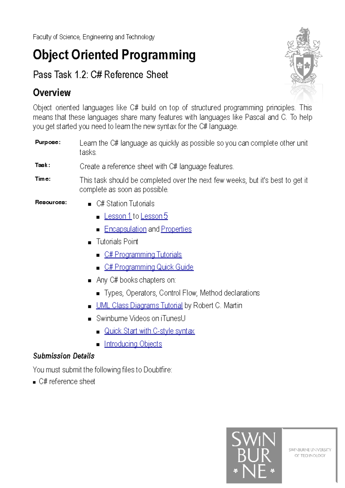 1.2P - C# Reference sheet - Faculty of Science, Engineering and Technology Object Oriented - Studocu
