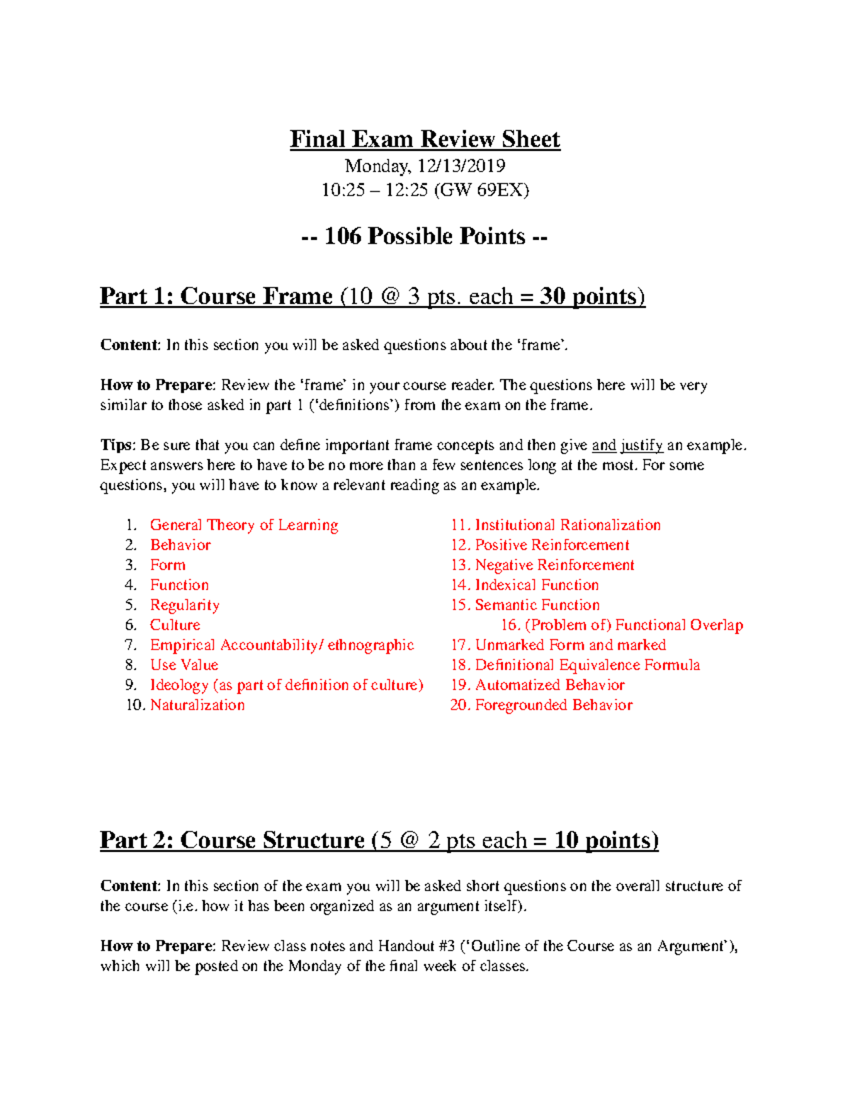 114 final exam review sheet - Final Exam Review Sheet Monday, 12/13/ 10 ...
