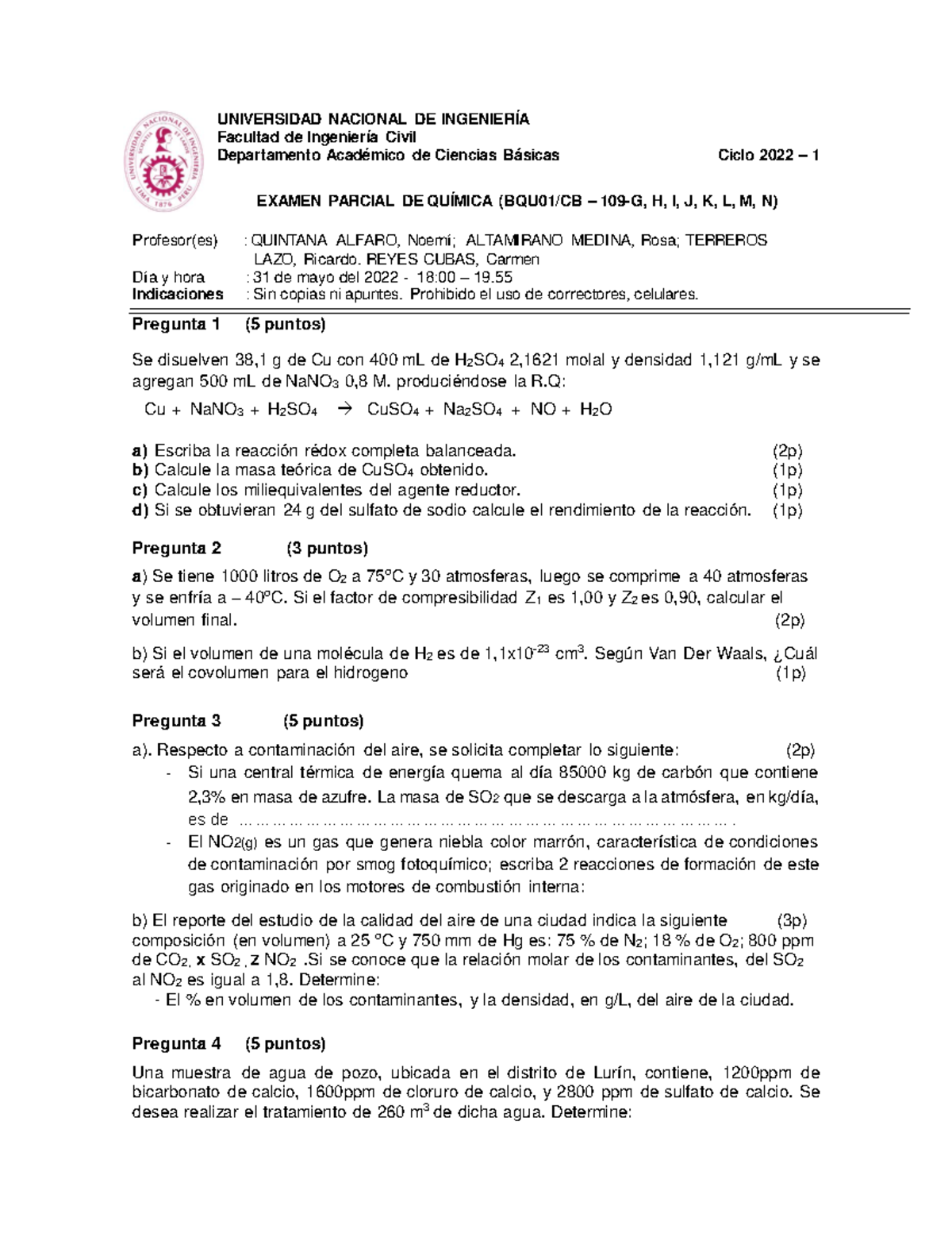EXP BQU01 2022-1 - sdsdd - UNIVERSIDAD NACIONAL DE INGENIERÍA Facultad ...