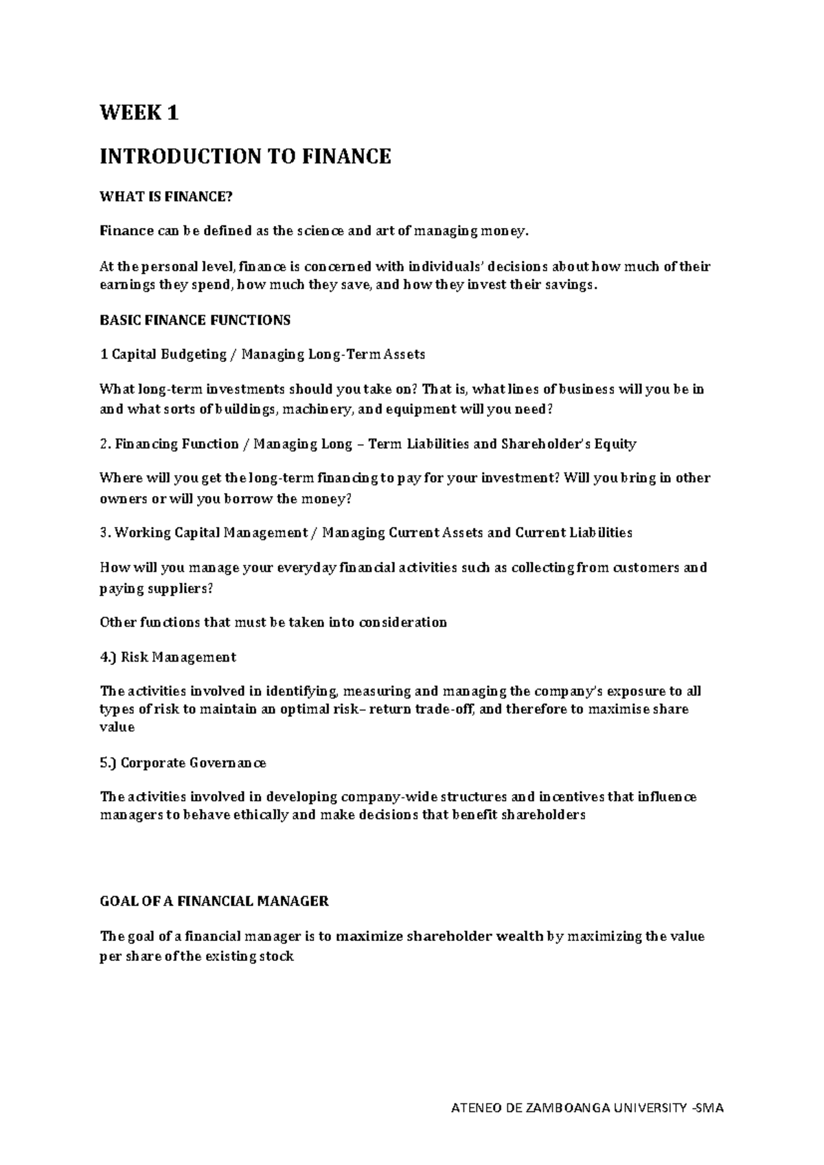 1 Introduction to Finance - WEEK 1 INTRODUCTION TO FINANCE WHAT IS ...