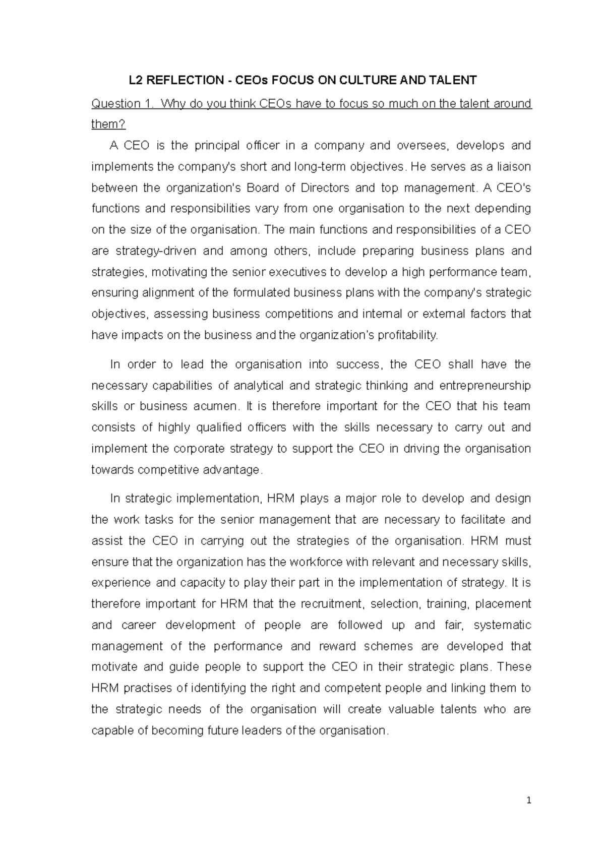 CEO focus MM - L2 REFLECTION - CEOs FOCUS ON CULTURE AND TALENT ...