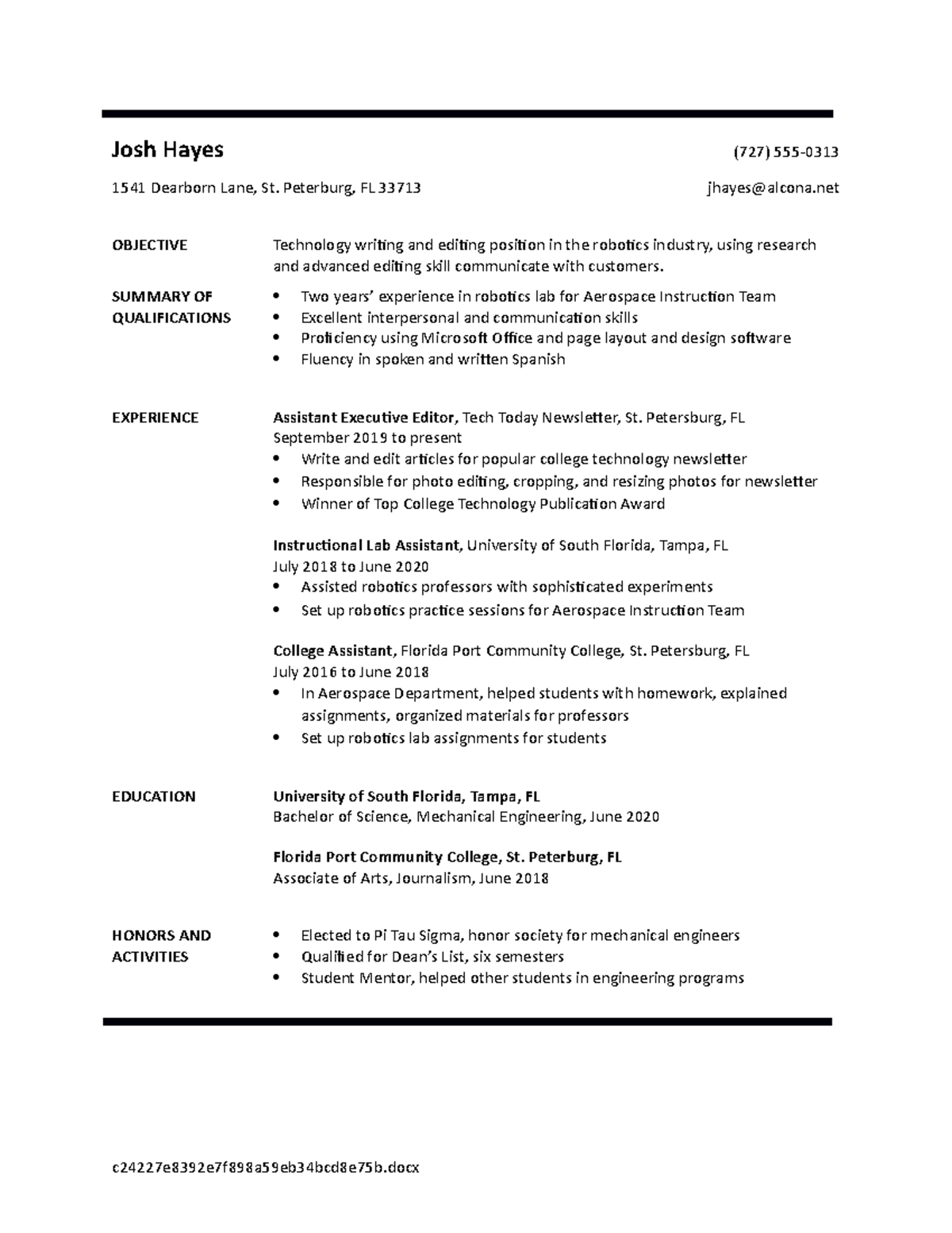 Nguyen Word 2A Resume - assignment - Josh Hayes (727) 555- 1541 ...
