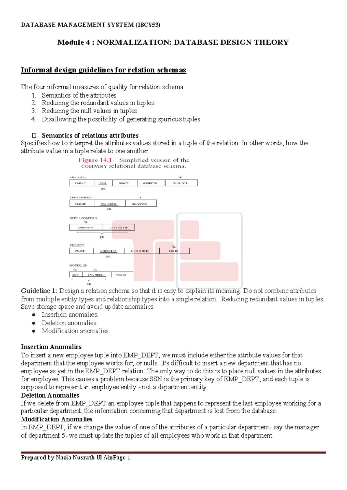 Dbmsmodule 4.docx - A B - Module 4 : NORMALIZATION: DATABASE DESIGN THEORY Informal design - Studocu