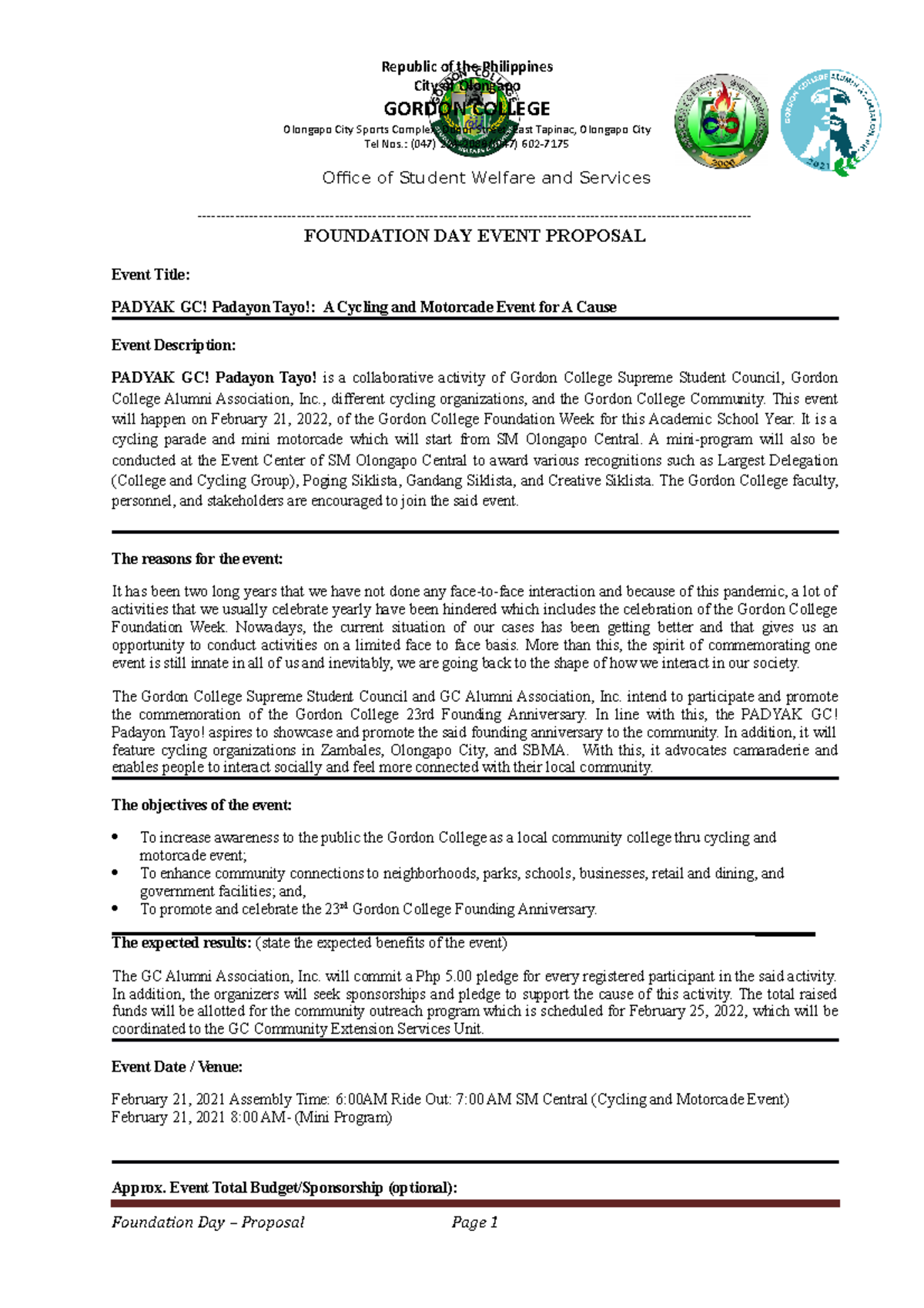 Padyak PARA SA GC Event Proposal - Office of Student Welfare and ...