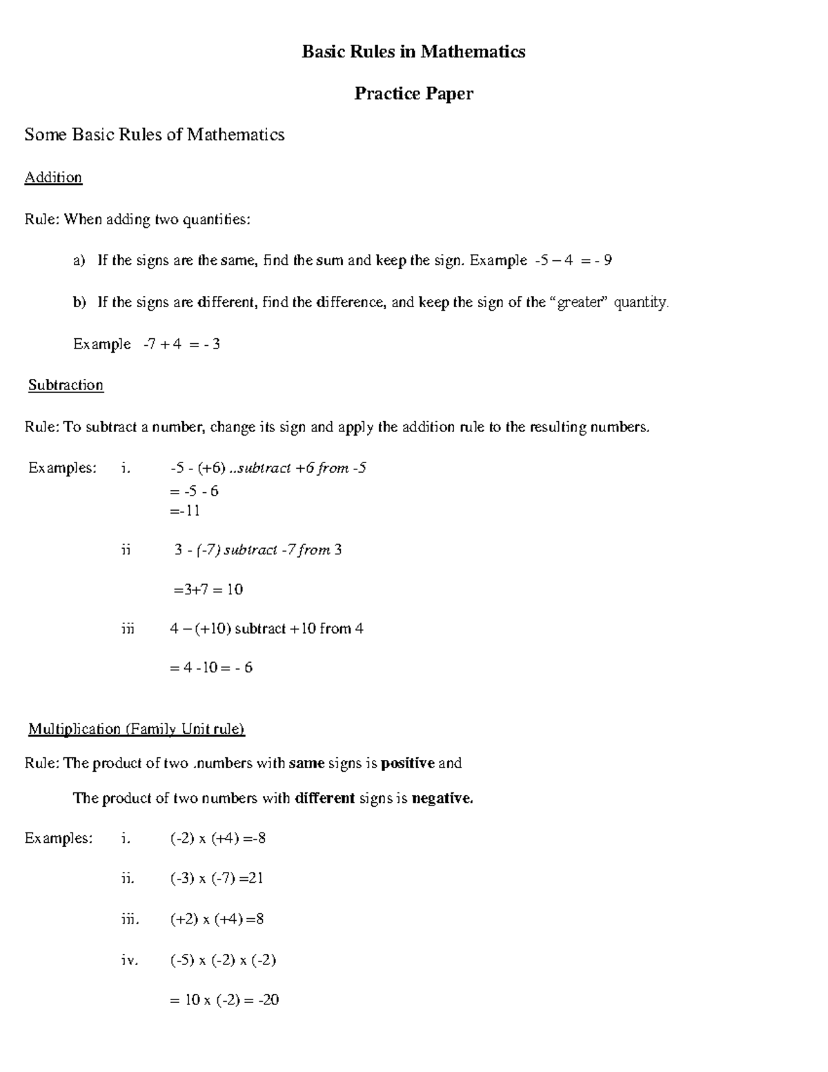 Basic Rules in Math - Basic Rules in Mathematics Practice Paper Some ...