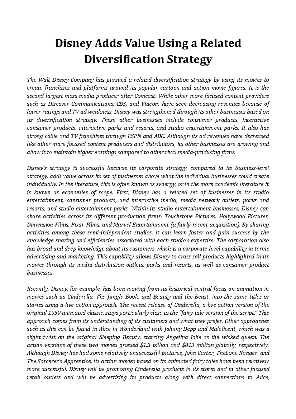 Open Case - Disney Adds Value Using a Related Diversification Strategy ...