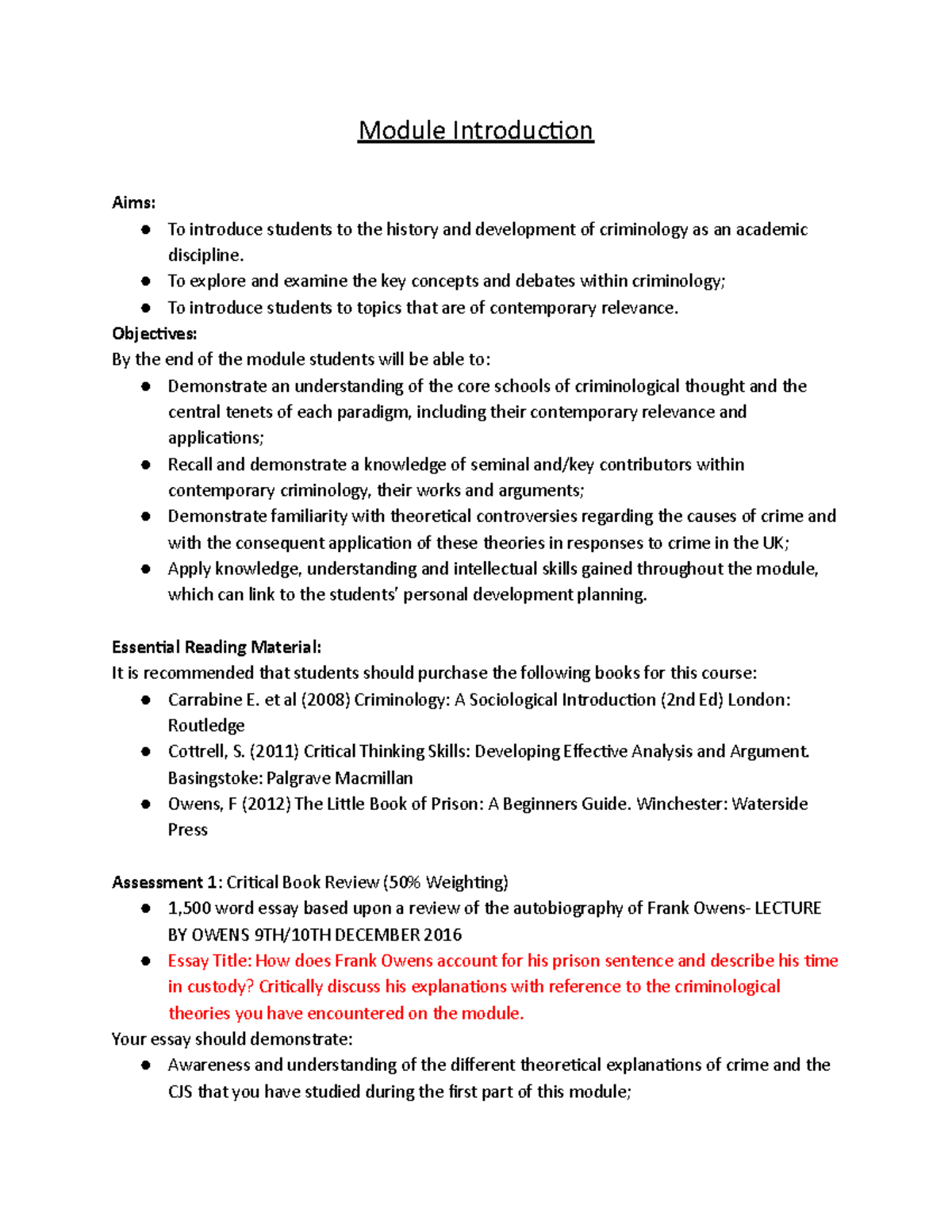 Week 1 Welcome and Introduction - Module Introduction Aims: To ...